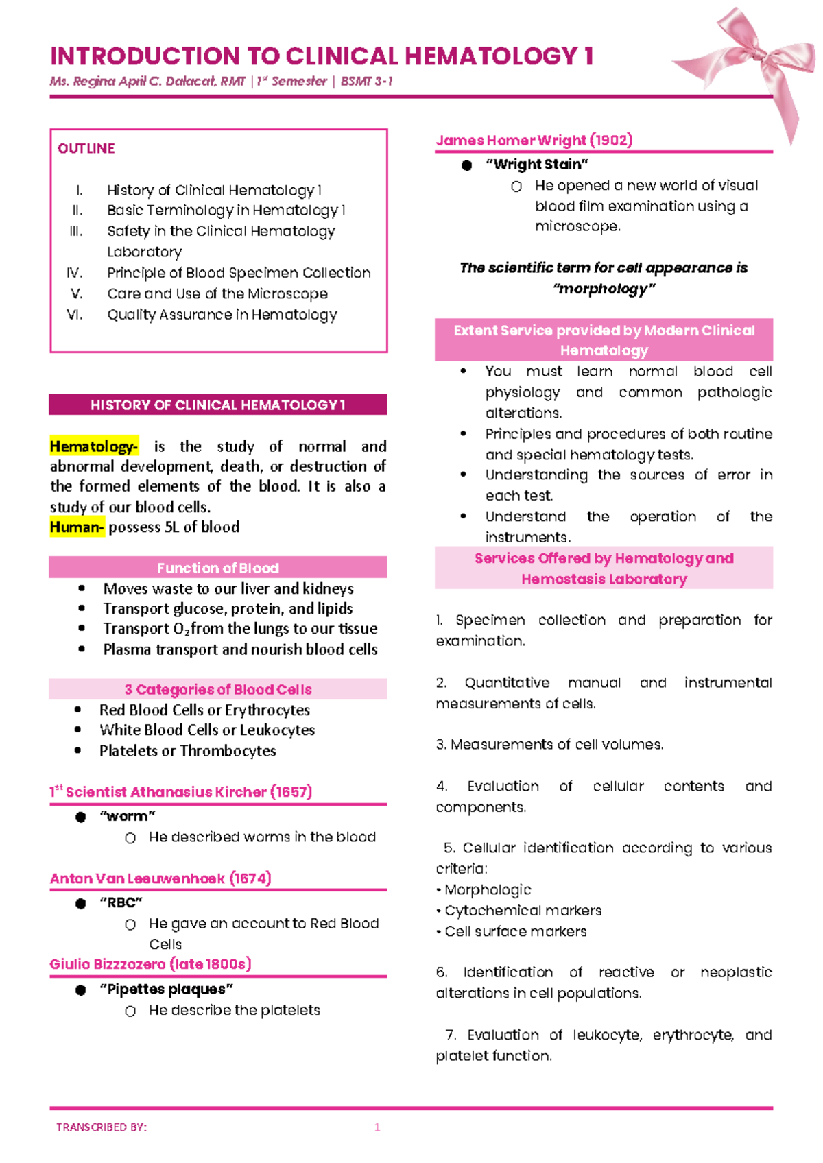 Hema Introduction - INTRODUCTION TO CLINICAL HEMATOLOGY 1 Ms. Regina ...