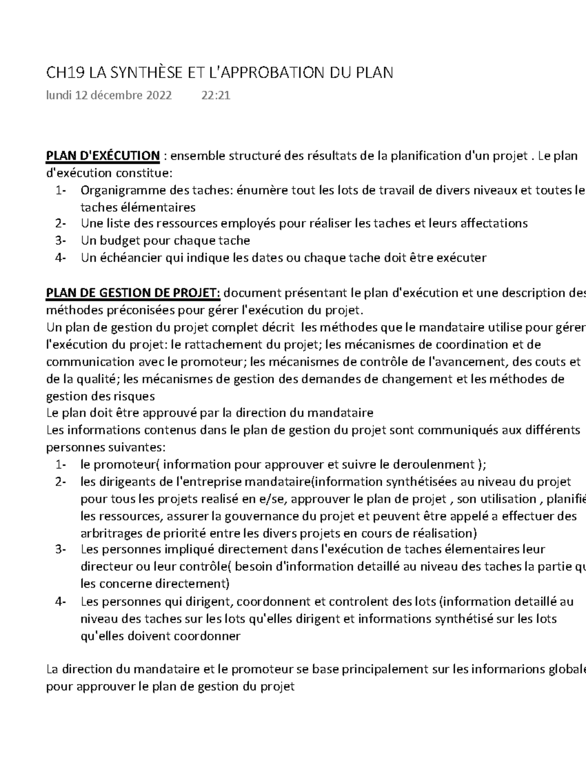 CH19 LA Synthèse ET L' Approbation DU PLAN - PLAN D'EXÉCUTION ...