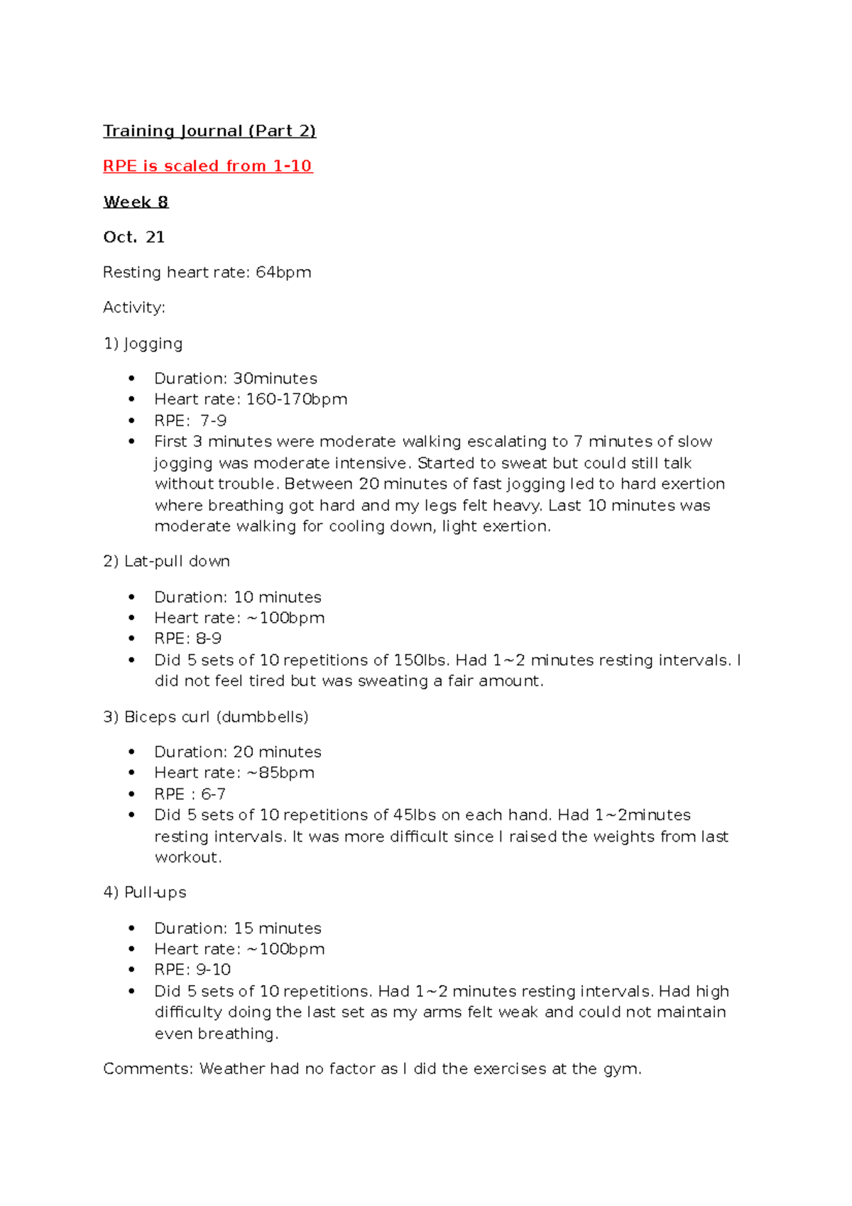 Exercise: Health and Performance Training Journal Part 2 - Training ...