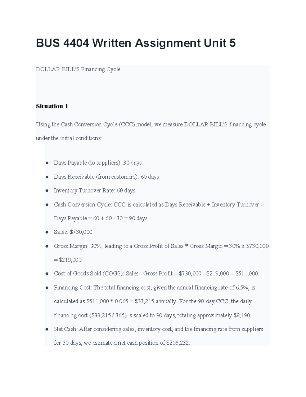 BUS 4404 Written Assignment Unit 5 - Situation 1 Using the Cash ...