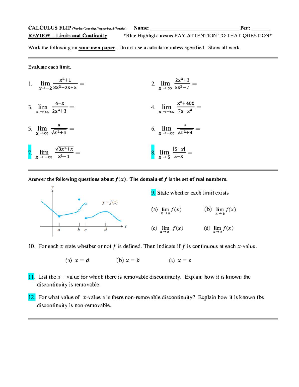 CALC Review - Limits and Continuity FLIP (2021-2022) - CALCULUS FLIP ...
