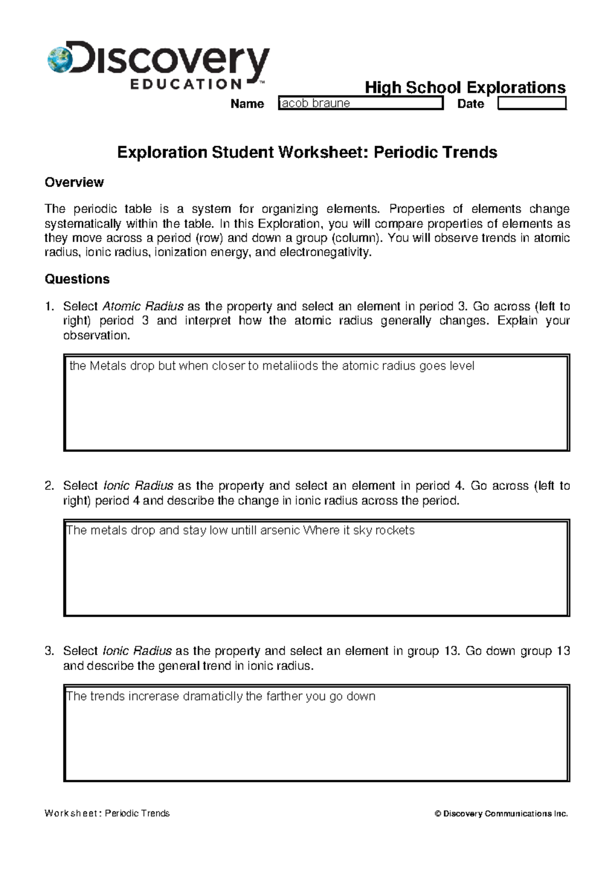 Periodic Trends Student Worksheet - High School Explorations Name