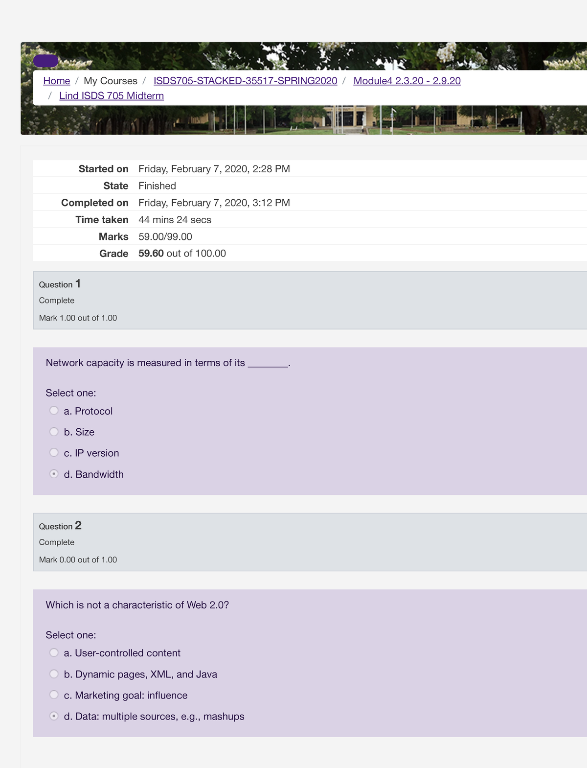 Lind ISDS 705 Midterm Attempt review - Home / My Courses / ISDS705-STACKED-35517-SPRING2020 ...