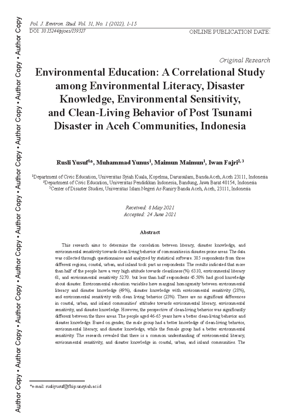 Environmental Education - Pol. J. Environ. Stud. Vol. 31, No. 1 (2022), 1- Original Research ...