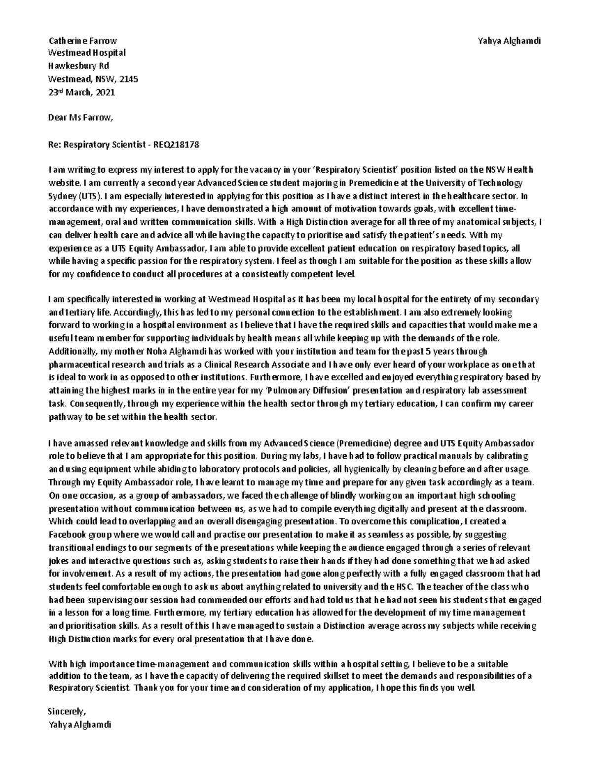 Assessment Task 2 - Cover Letter, Resume and Statement addressing 3 ...