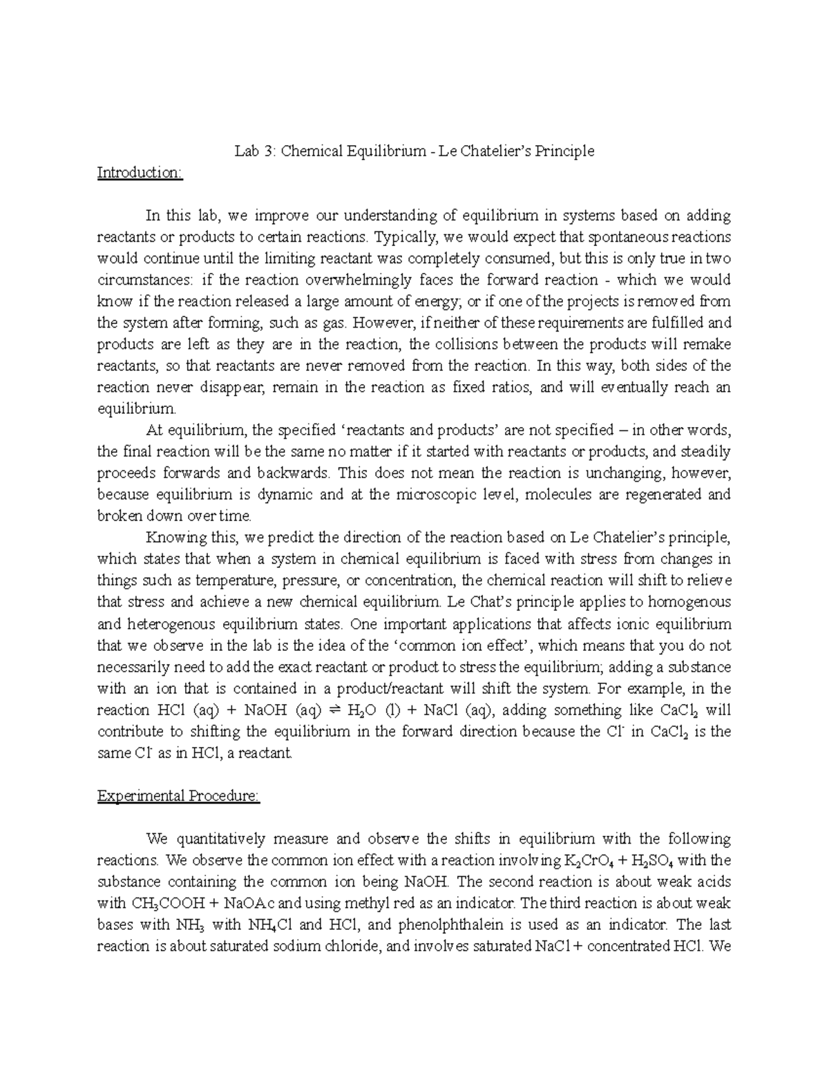 Lab 3 Equilibrium - Lab 3: Chemical Equilibrium - Le Chatelier’s ...