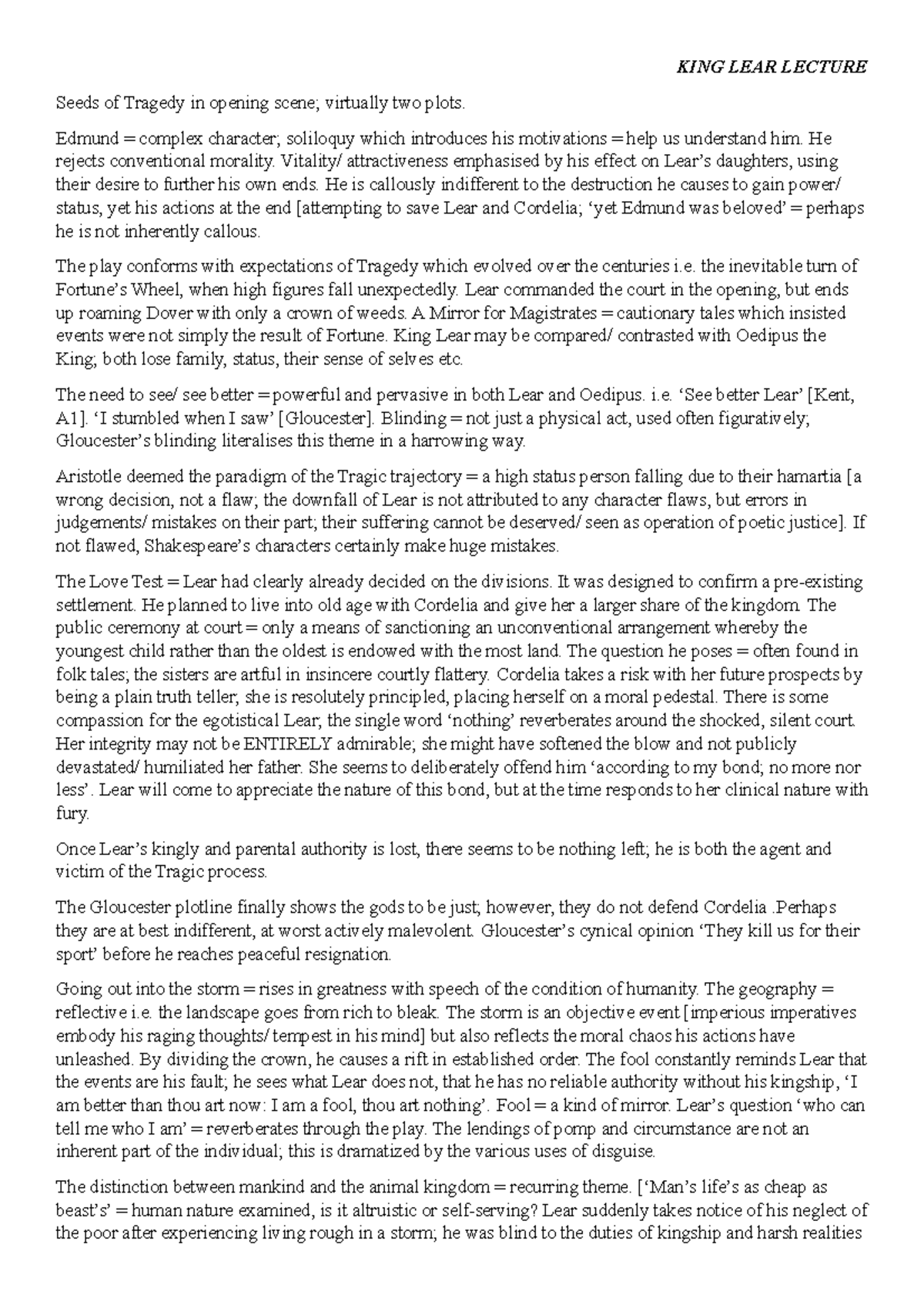 KING LEAR Lecture - Notes on King Lear - KING LEAR LECTURE Seeds of ...
