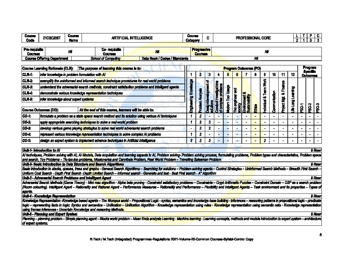 2.AI Syllabus - Course Course Course L T P C 21CSC206T ARTIFICIAL ...