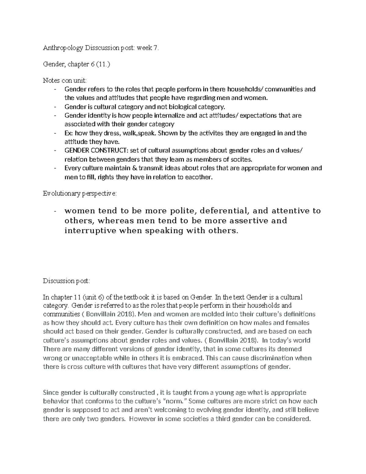 Anthropology Disscussion post - Gender, chapter 6 (11.) Notes con unit ...