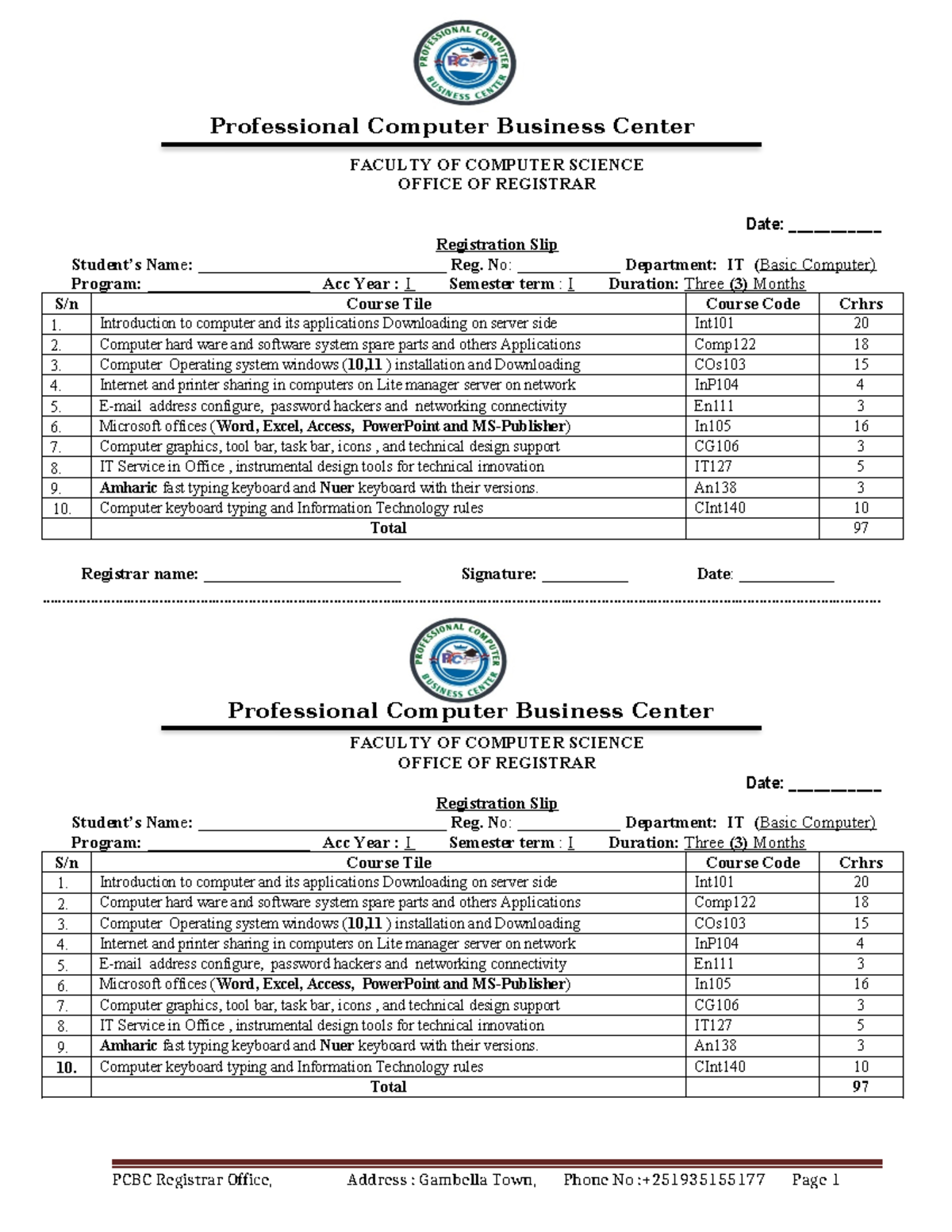 A slip for registration - FACULTY OF COMPUTER SCIENCE OFFICE OF ...