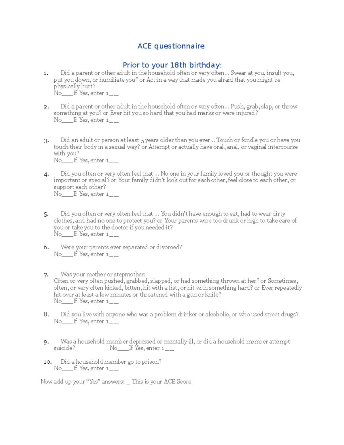 ACE questionare and Resilence - ACE questionnaire Prior to your 18th ...