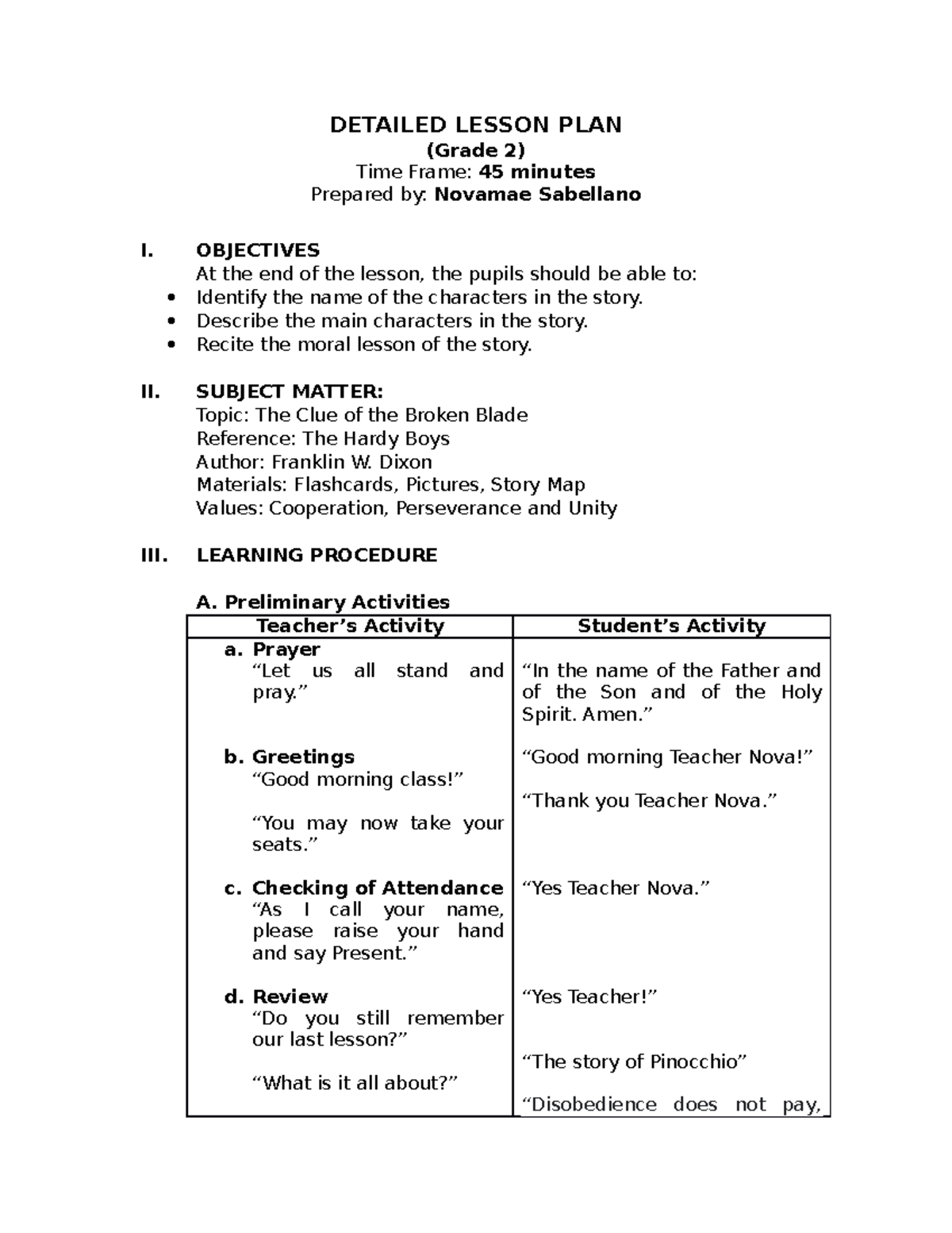 Lesson PLAN BECE D Final - DETAILED LESSON PLAN (Grade 2) Time Frame ...