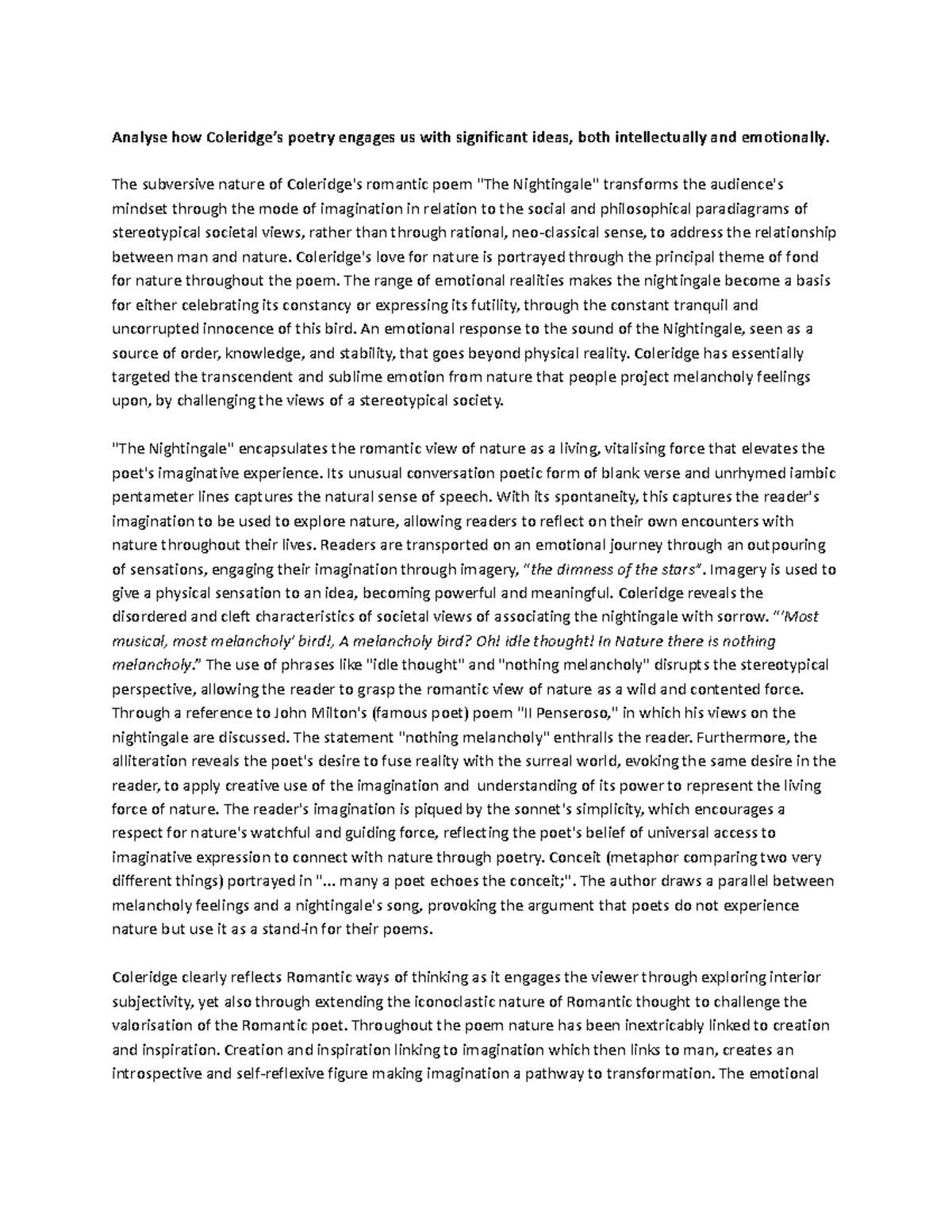 Part B Analytical Response 1 - Analyse how Coleridge’s poetry engages ...