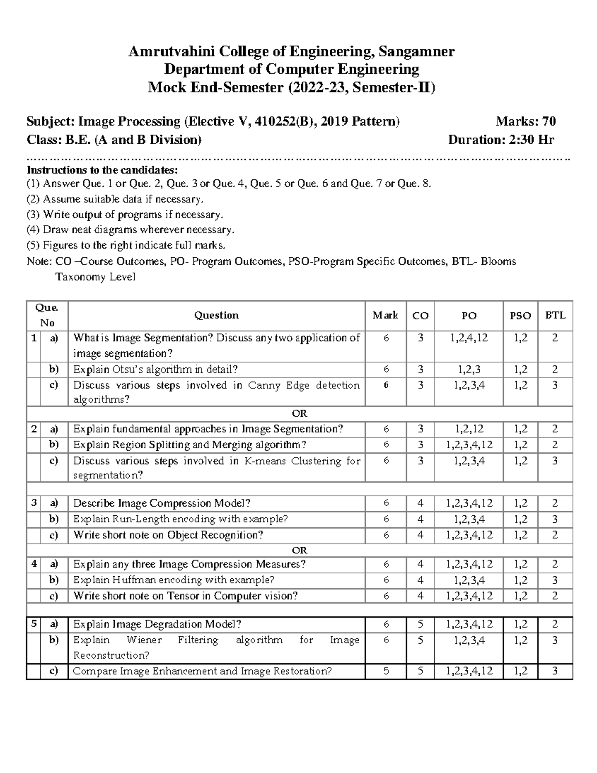 Mock Endsem Question Paper Image Processing Elective V Insem SEM ...