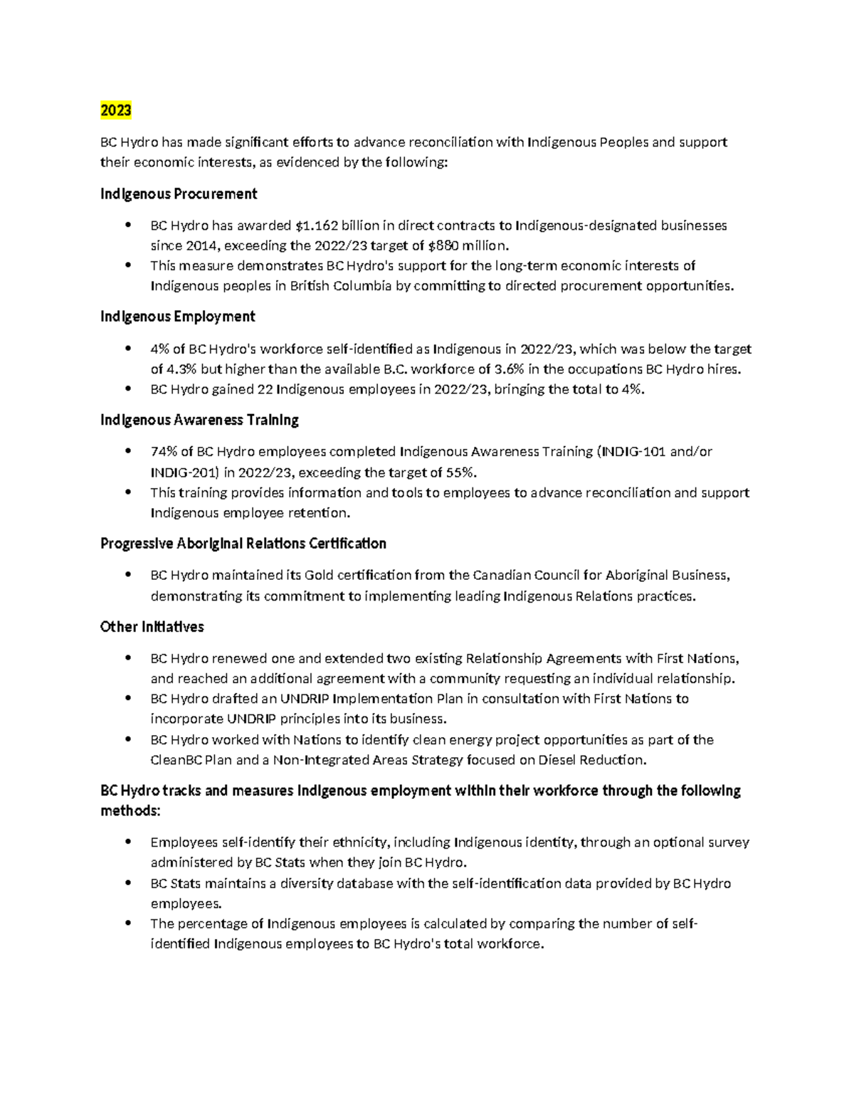 BC Hydro Indigenous Relationship Summary 2019-2023 - 2023 BC Hydro has ...