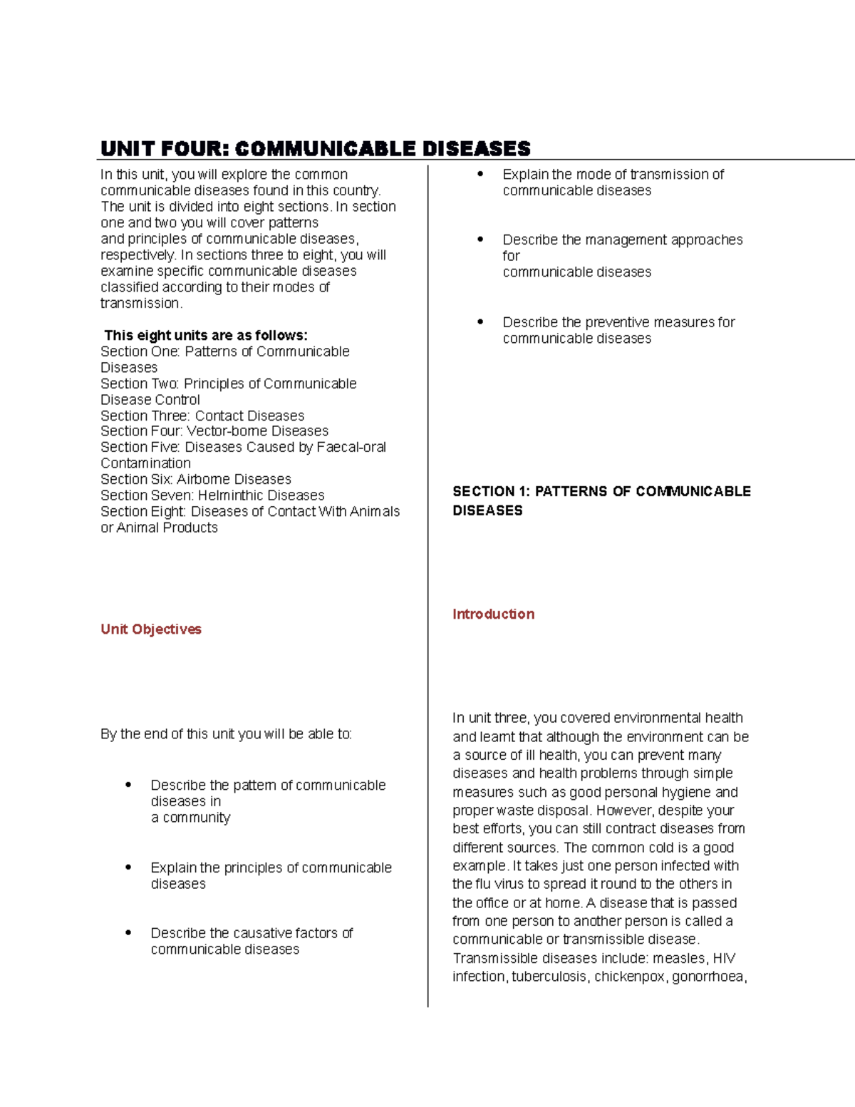 Communicable Diseases-1-1-1 - UNIT FOUR: COMMUNICABLE DISEASES In this ...