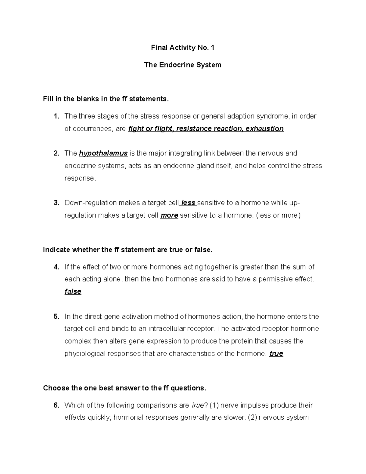 Activity - Endocrine System - Final Activity No. 1 The Endocrine System ...