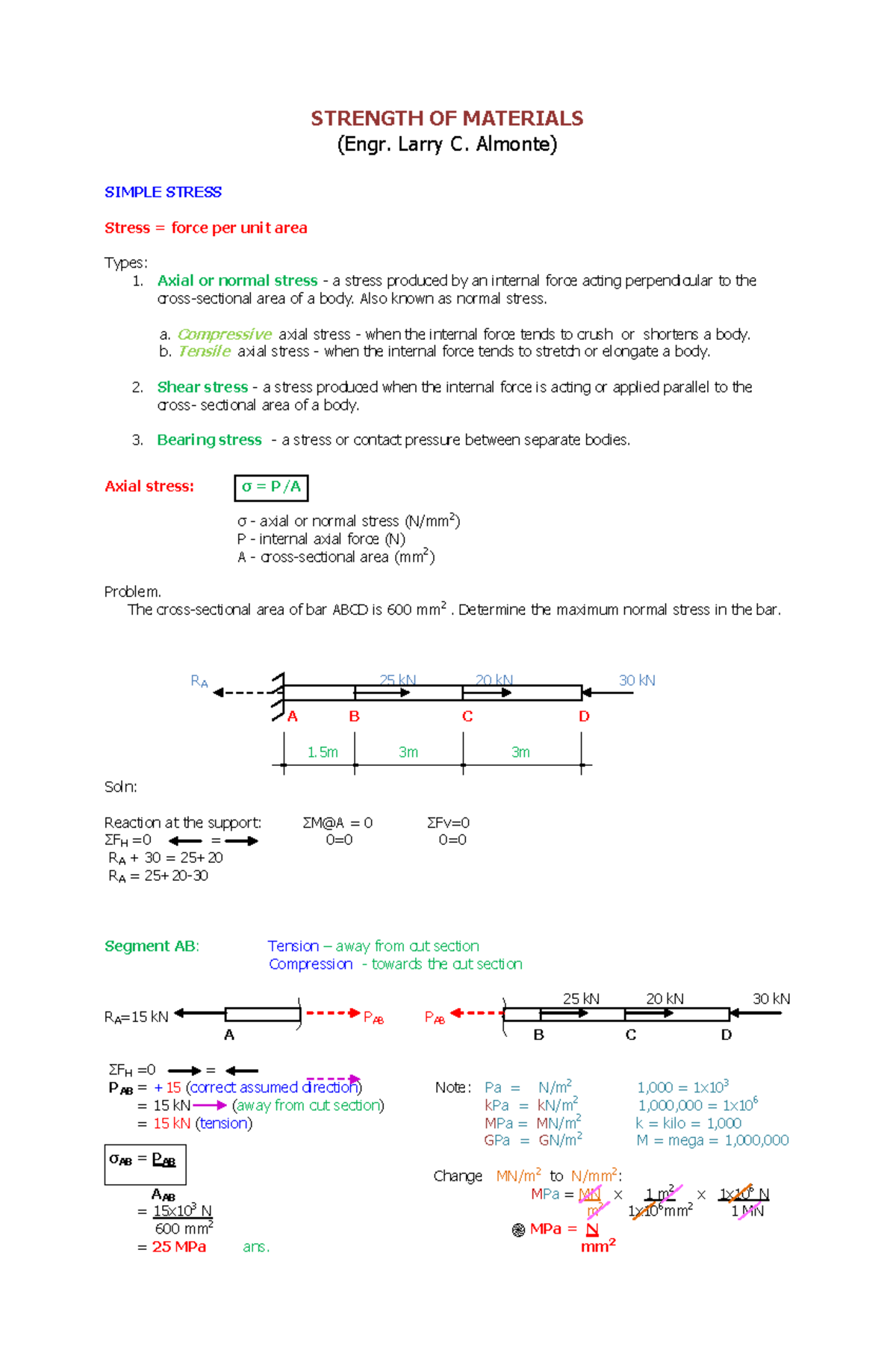 Strength notes 1 . Axial stress - Bar - STRENGTH OF MATERIALS (Engr ...