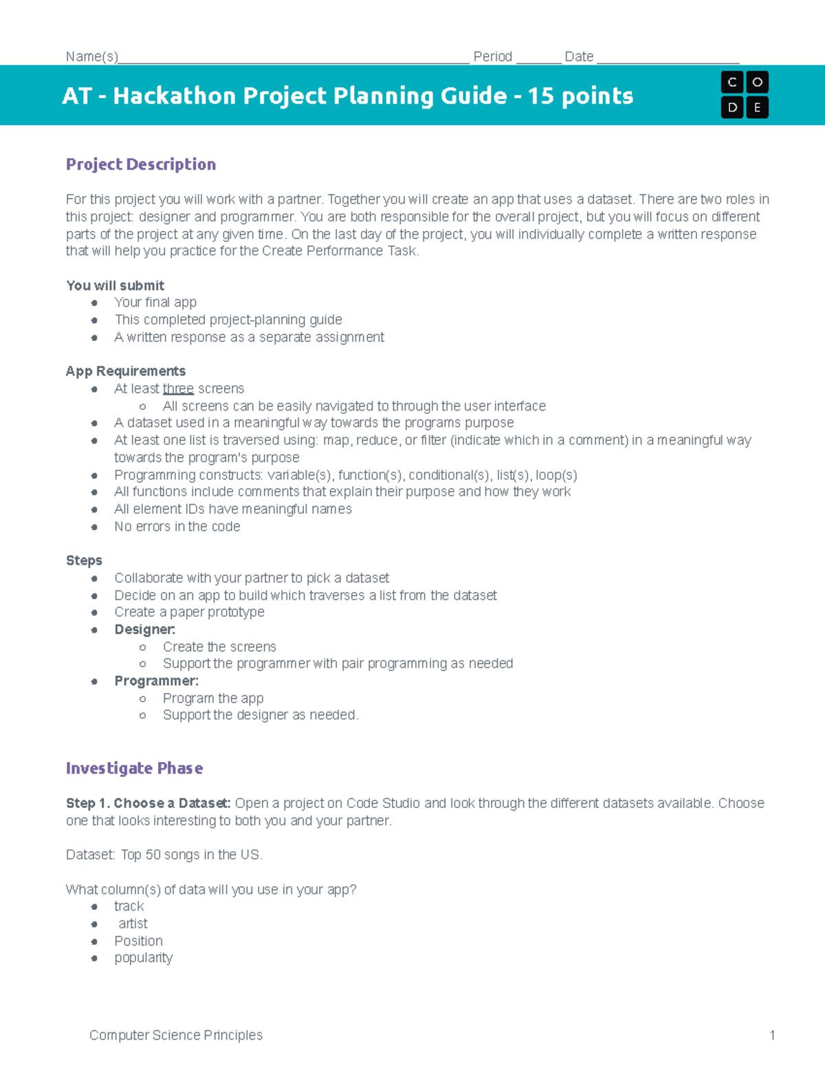 Copy of AT Unit 6 Hackathon Project Planning Guide - - Studocu