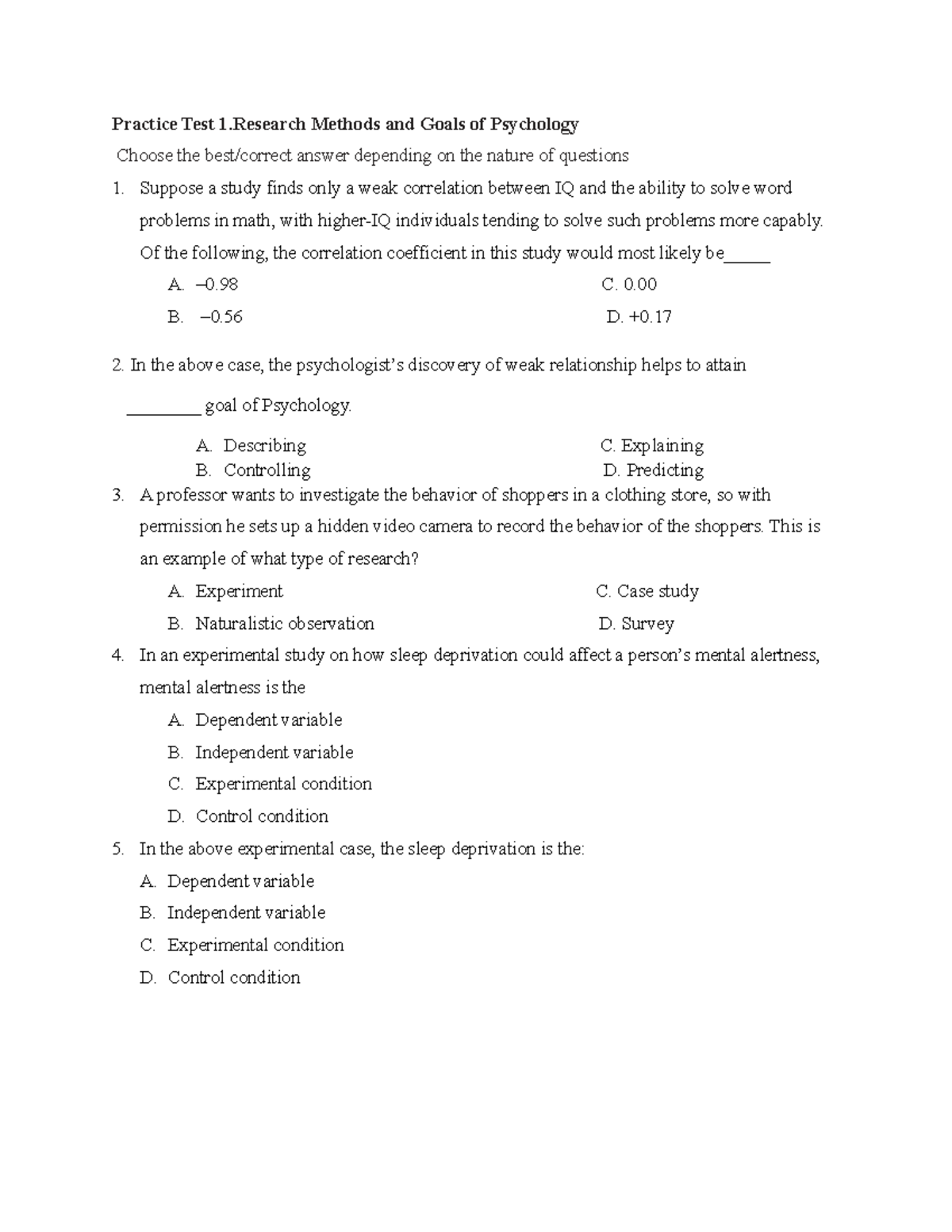 Psychology Worksheet 1 (Chapter 1) - Practice Test 1 Methods and Goals ...
