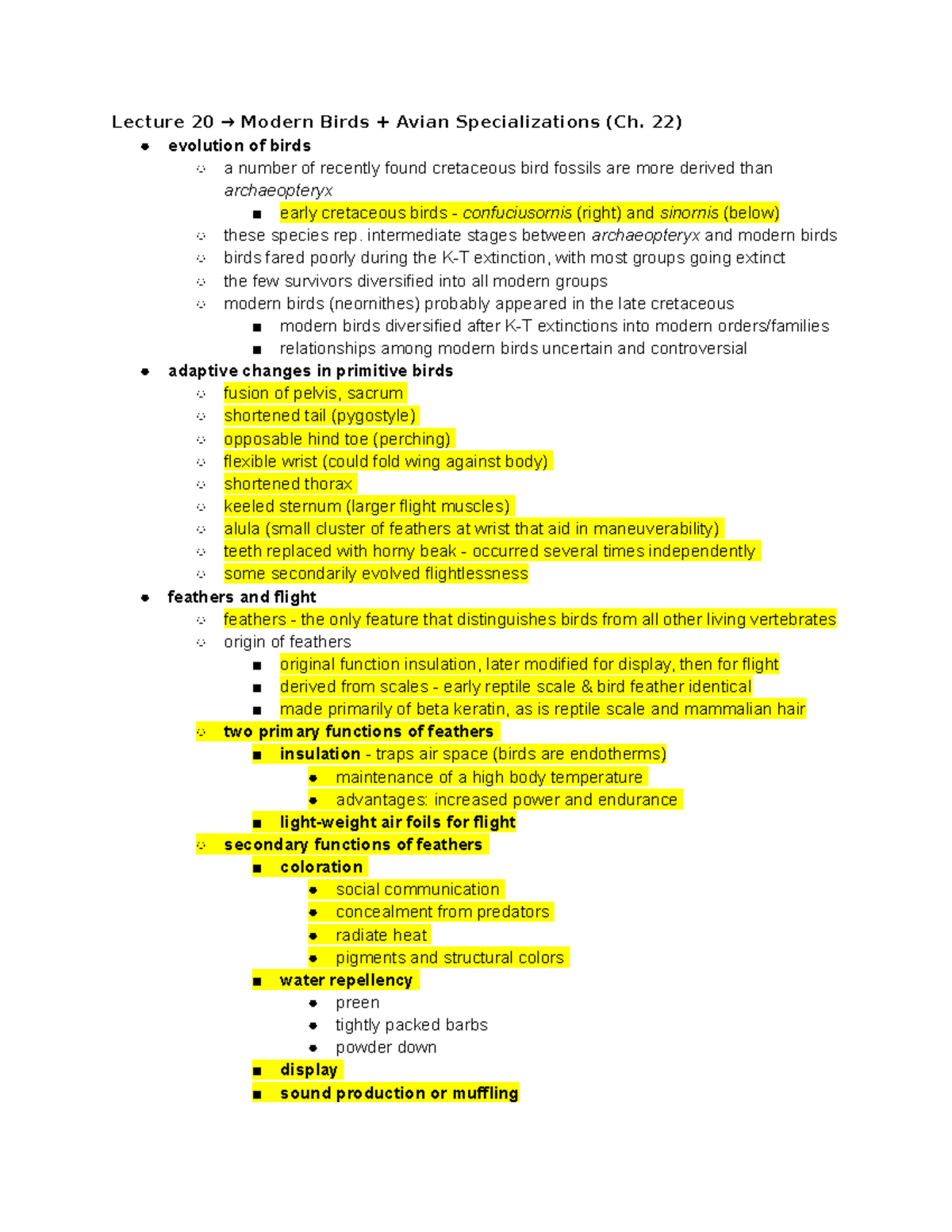 BSC - 373 Exam 4 - Lecture notes Exam 4 - Lecture 20 → Modern Birds ...