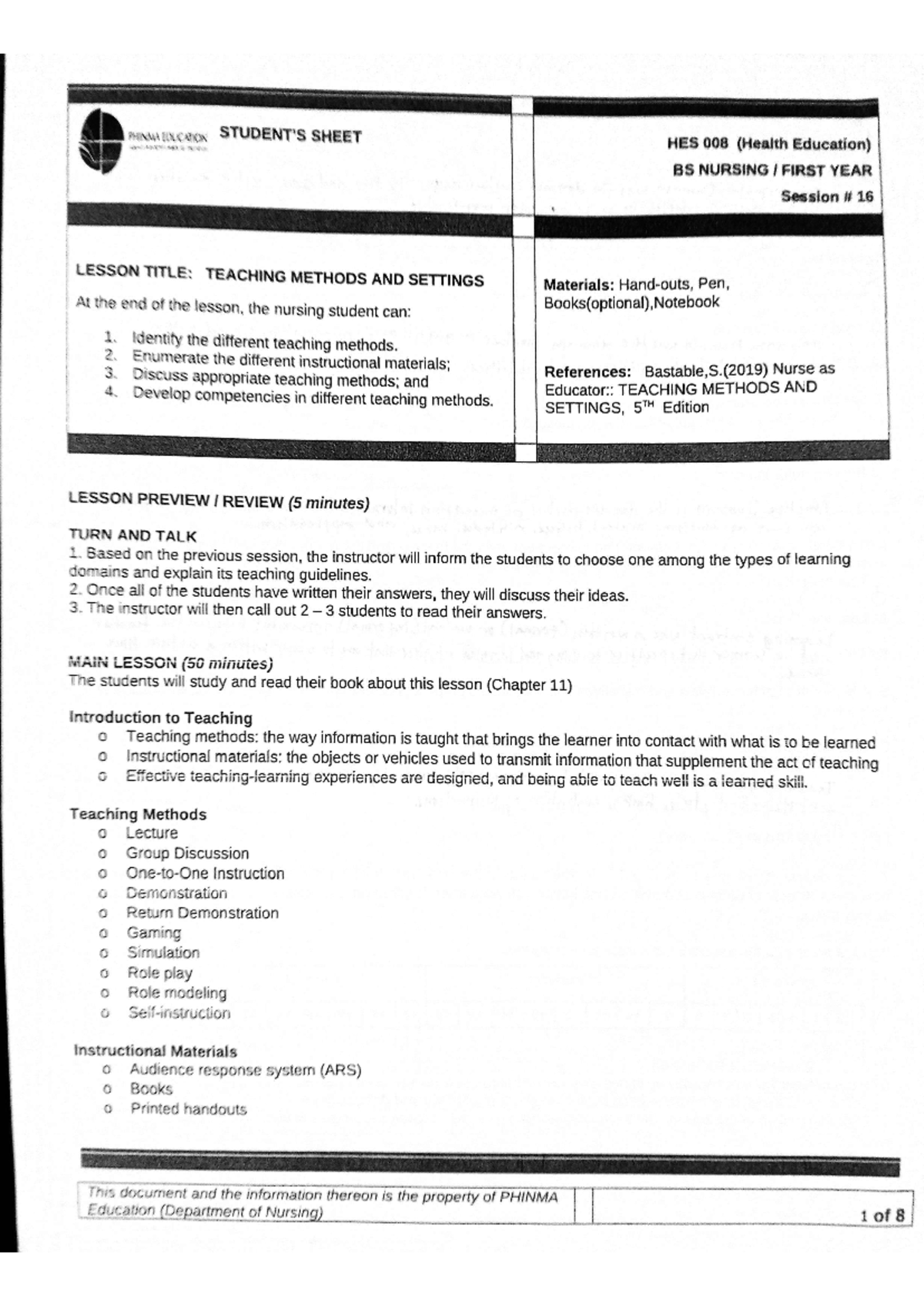 HES 008 SAS16 - HEALTH EDUC - SHEET HES 008 (Health Education) BS NURSING FIRST YEAR Session 16 ...