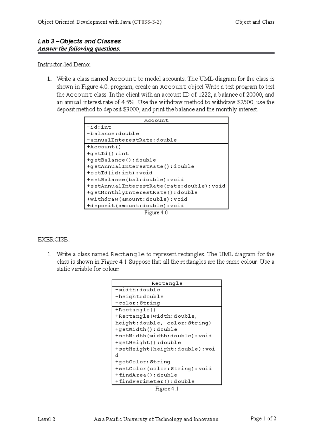 Tutorial Lab 3 Object Oriented Development With Java Ct038 3 2 Object And Class Lab 3