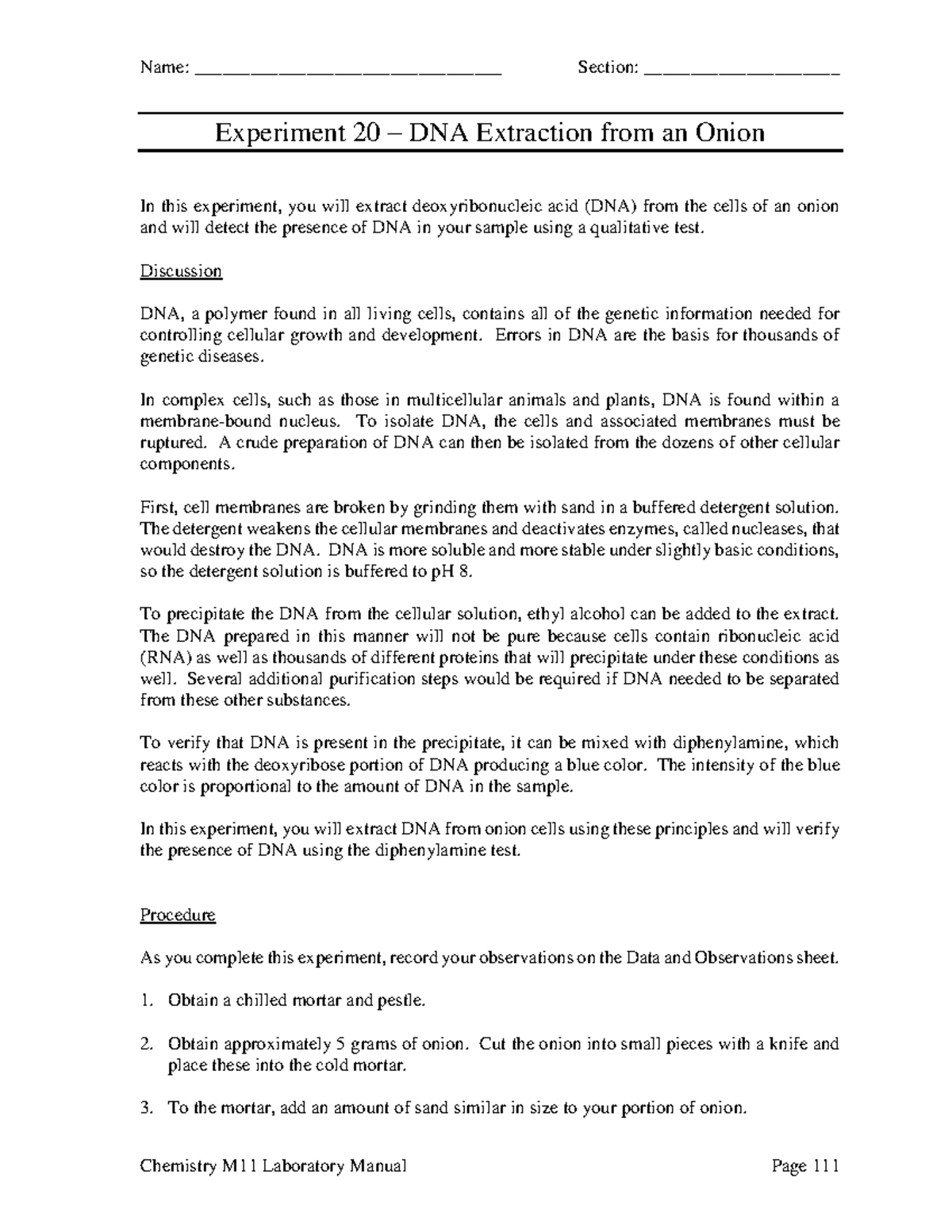 Chem 11 expt20 - Am student - Experiment 20 – DNA Extraction from an ...