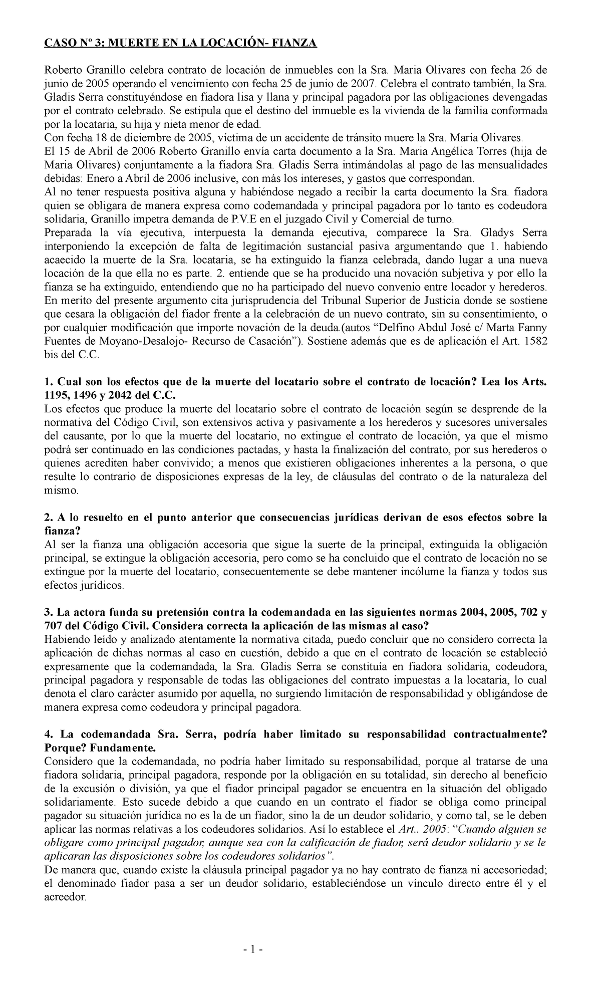 Muerte EN LA Locacion- Fianza - CASO Nº 3: MUERTE EN LA LOCACIÓN ...