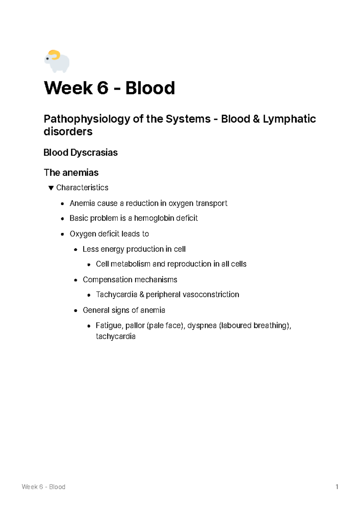 Week 6 - Blood - 🐑 Week 6 - Blood Pathophysiology of the Systems ...