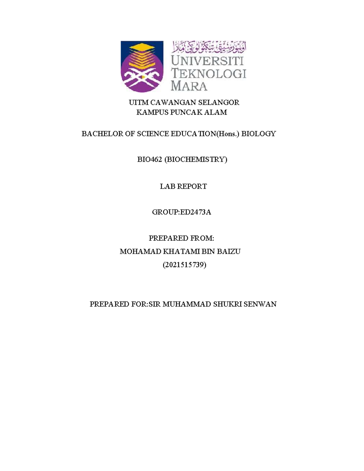 LAB Report Mohamad Khatami BIN Baizu 2021515739 ED2473A - UITM CAWANGAN ...