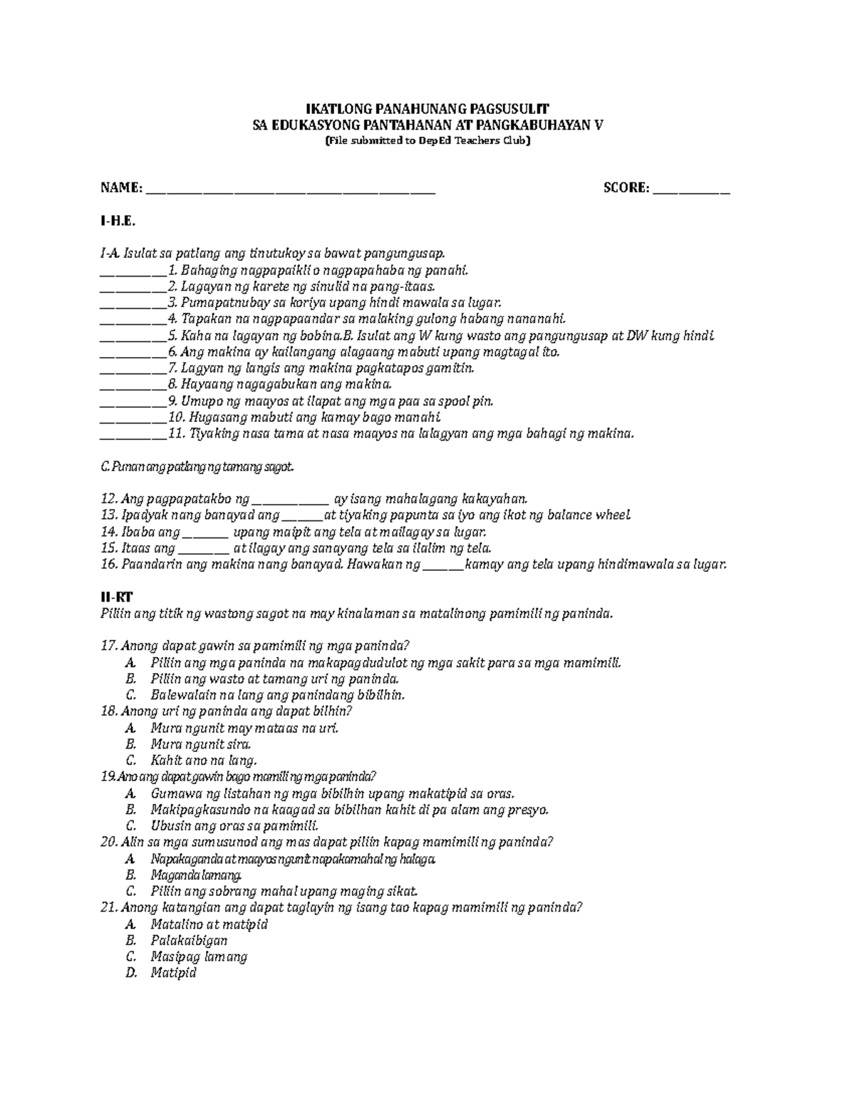 EPP 5 - 3rd quarter examination - IKATLONG PANAHUNANG PAGSUSULIT SA EDUKASYONG PANTAHANAN AT ...