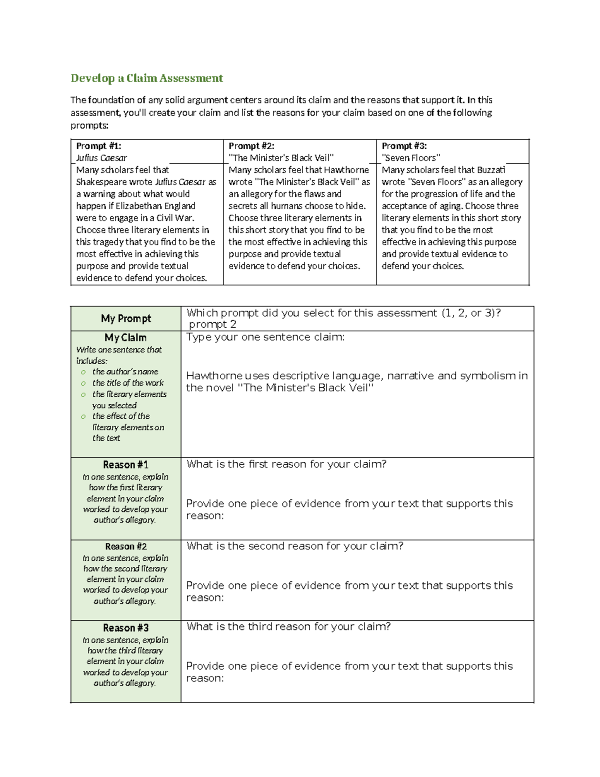 Develop a claim assess rubric - Develop a Claim Assessment The ...