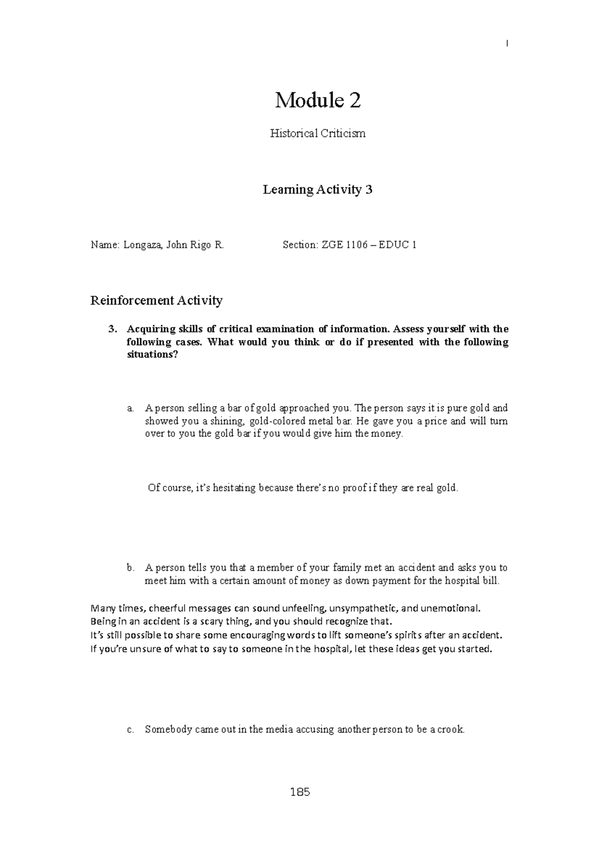 Learning Activity 3 Module 2 Historical Criticism - I Module 2 ...