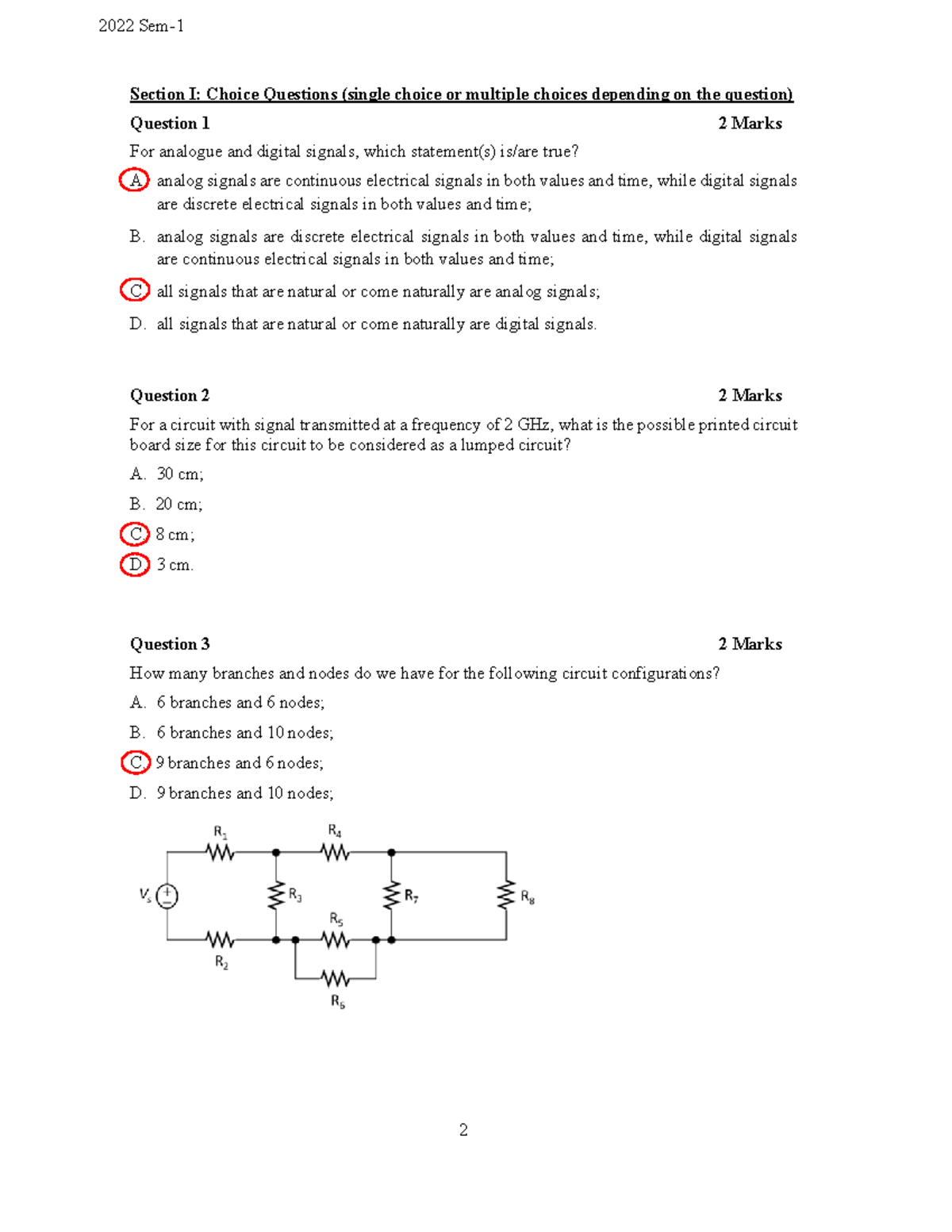 Class Test 1 sample B - TEST 1 - Section I: Choice Questions (single ...