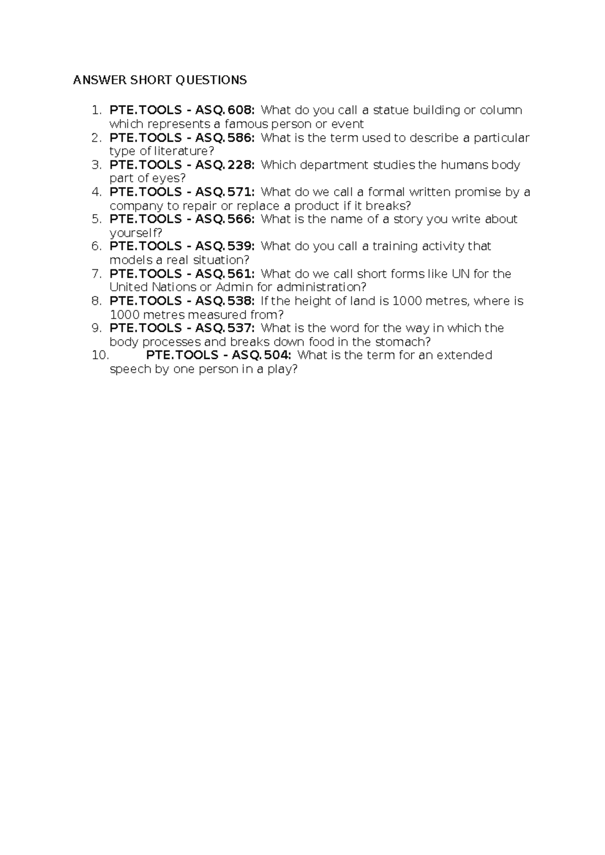 Answer- Short- Questions - ANSWER SHORT QUESTIONS PTE - ASQ: What do you call a statue building ...