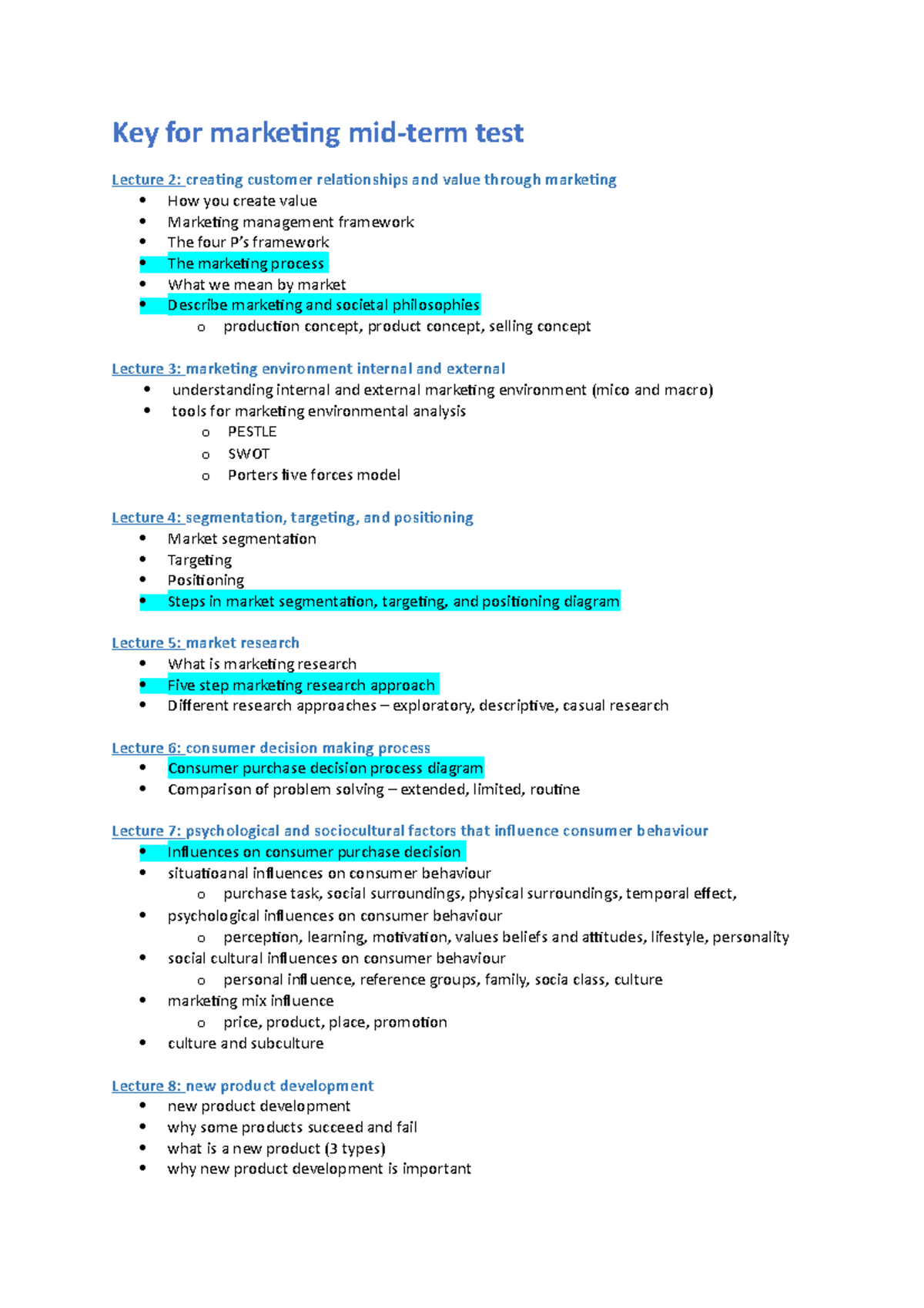 Key for marketing mid - Key for marketing mid-term test Lecture 2 ...