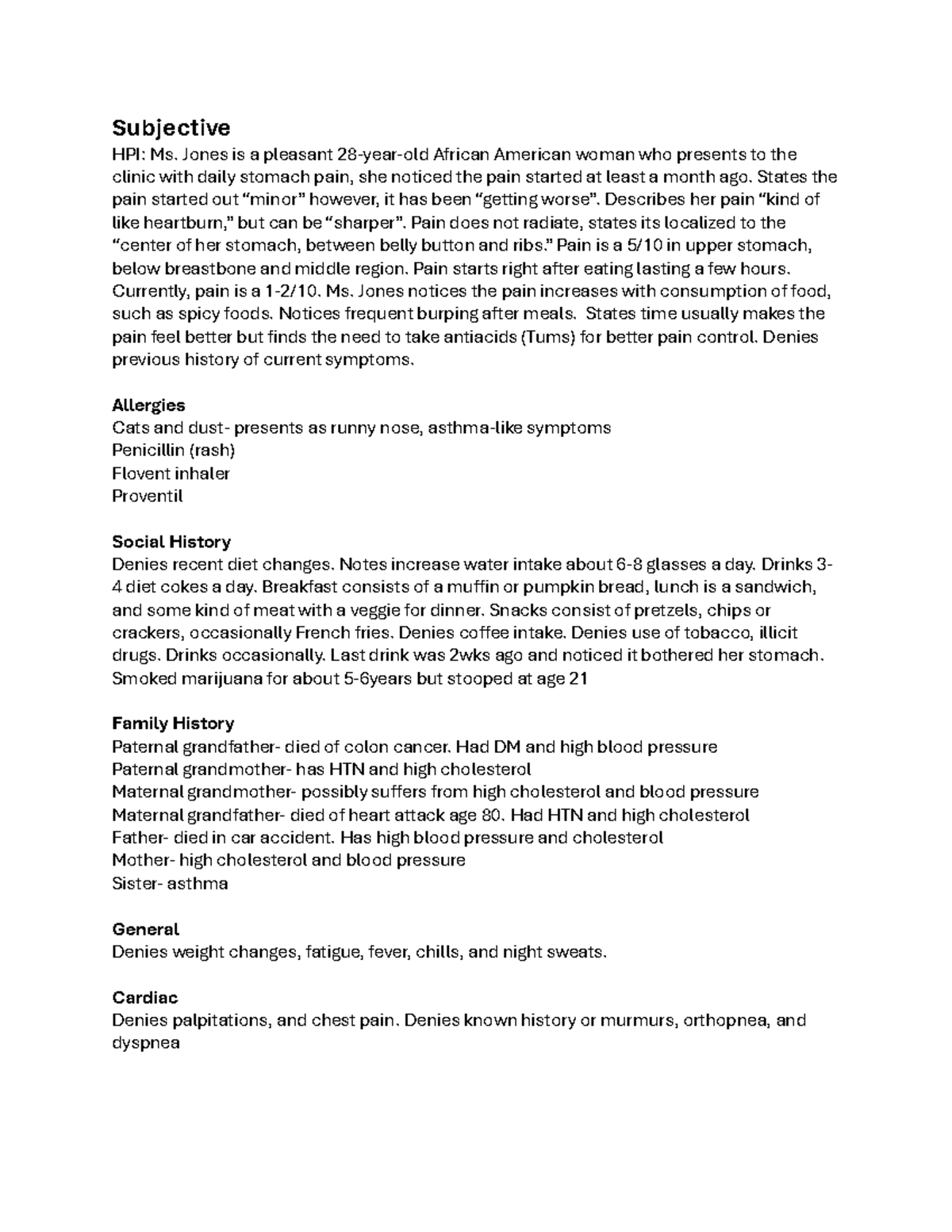 GI SOAP documentation - Shadow Health GI SOAP note - Subjective HPI: Ms. Jones is a pleasant ...