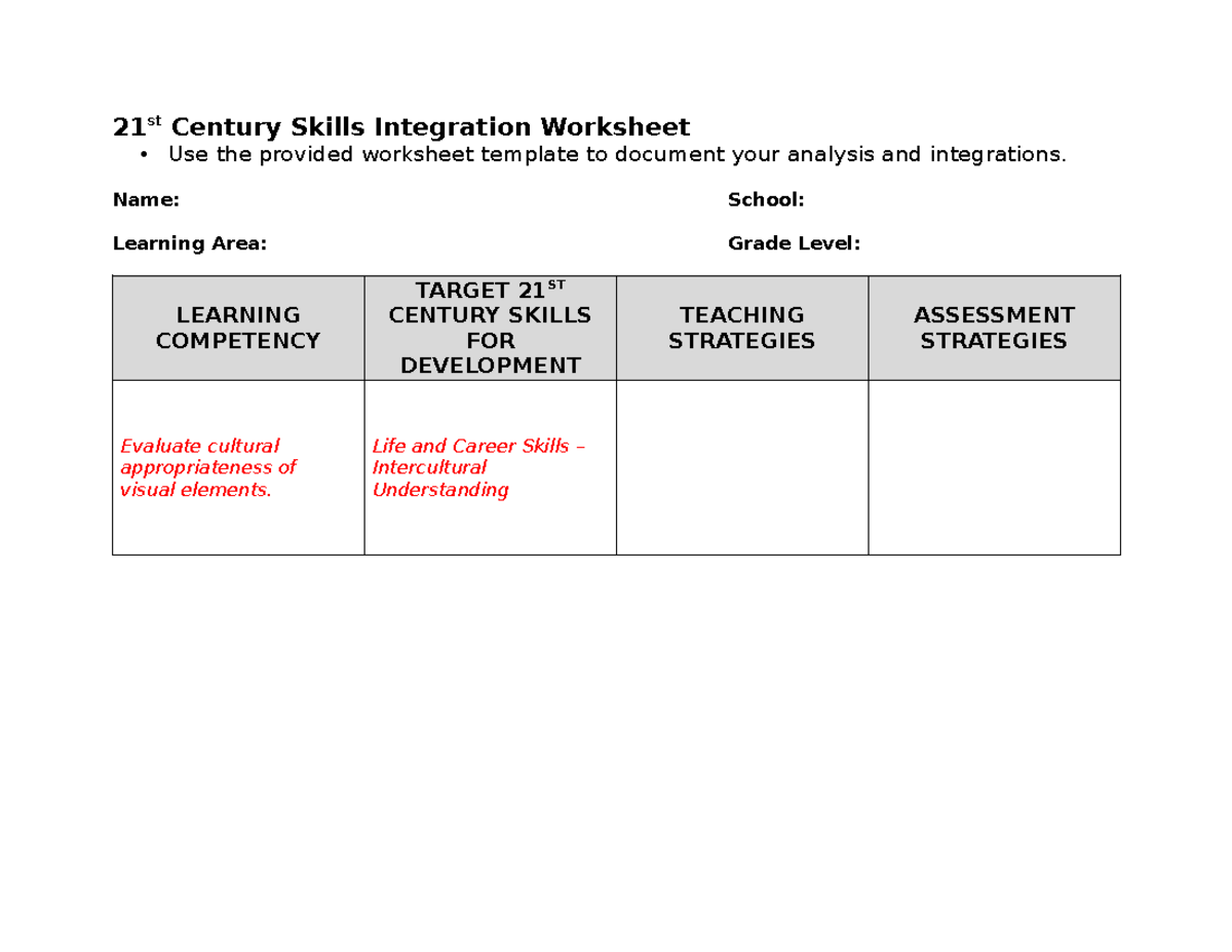 21st-Century-Skills-Integration-Worksheet new - Assessment in Learning - 21 st Century Skills ...