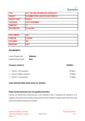 Doc Analysis 1A Exam - exam - Diploma: Information Technology Module code: SAD Module: - Studocu