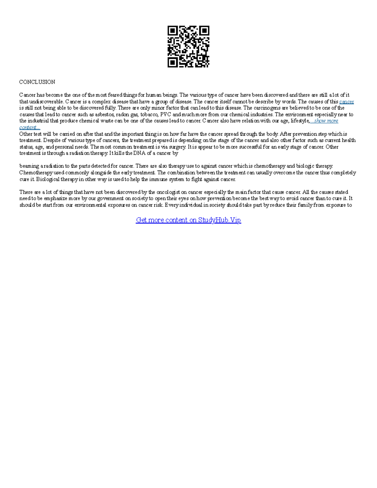 Conclusion Essays - CONCLUSION Cancer has become the one of the most ...