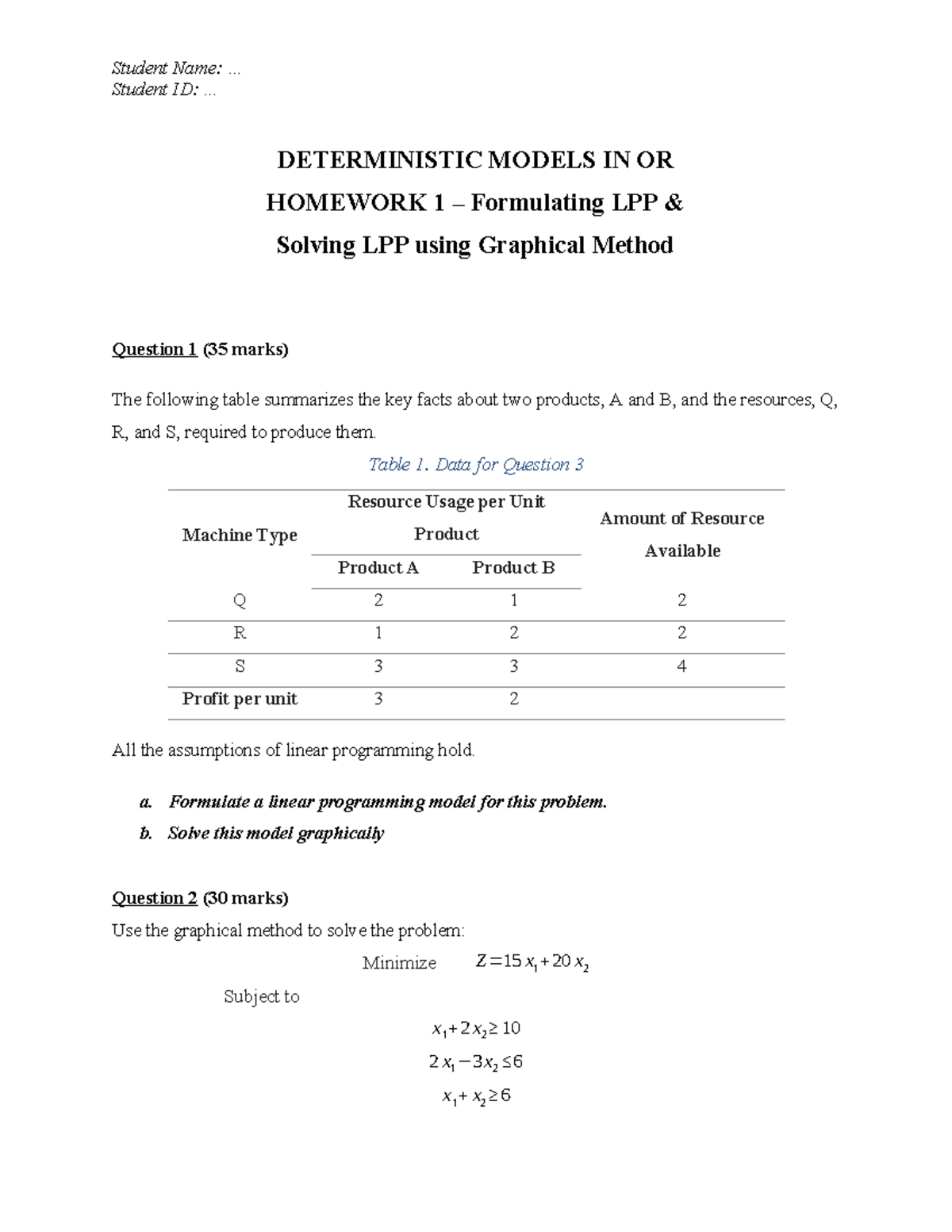 [OR1] HW1 - đề hw 1 - Student ID: ... DETERMINISTIC MODELS IN OR ...
