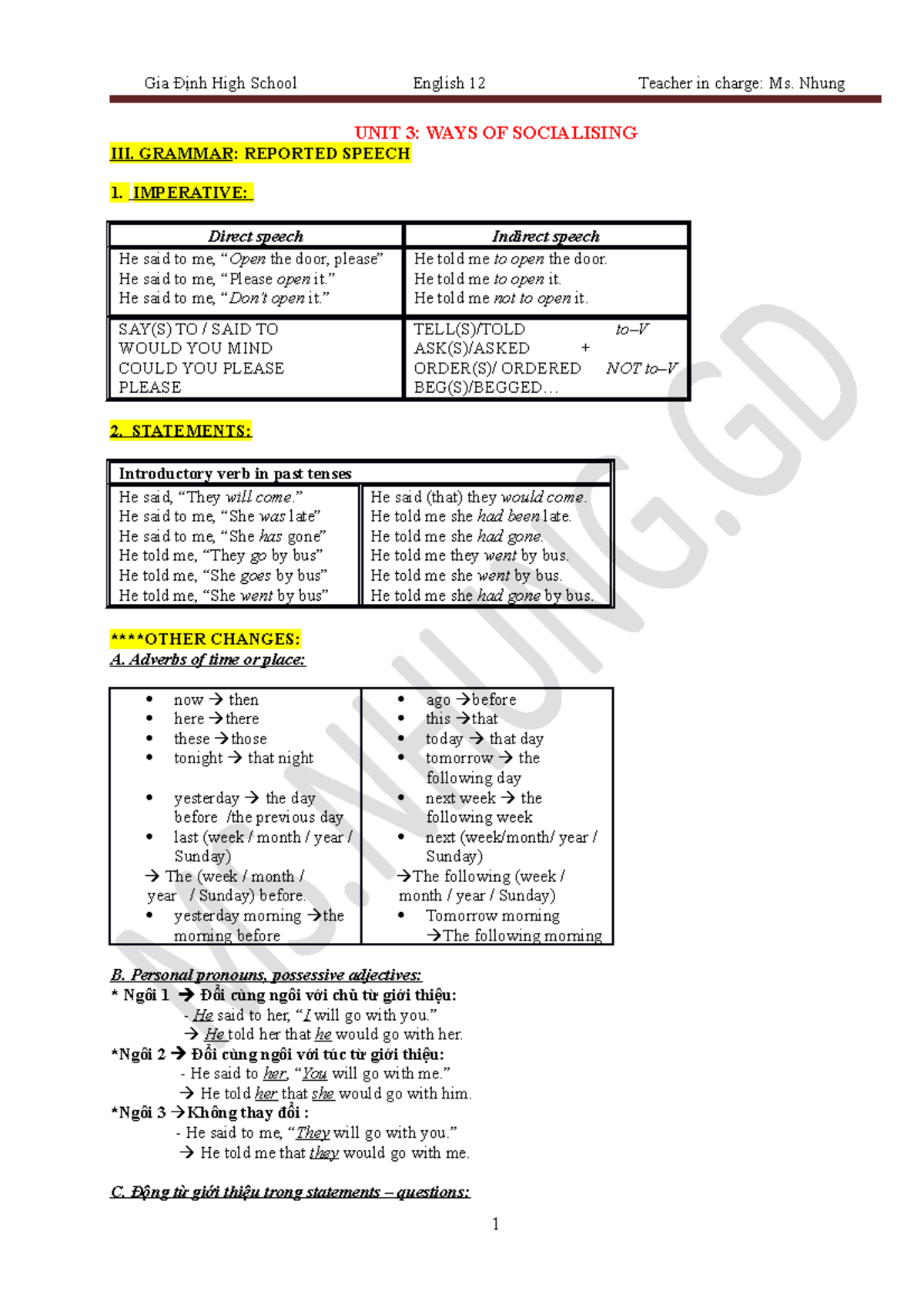UNIT 3 Language Focus English Test For Grade 12 Students UNIT 3