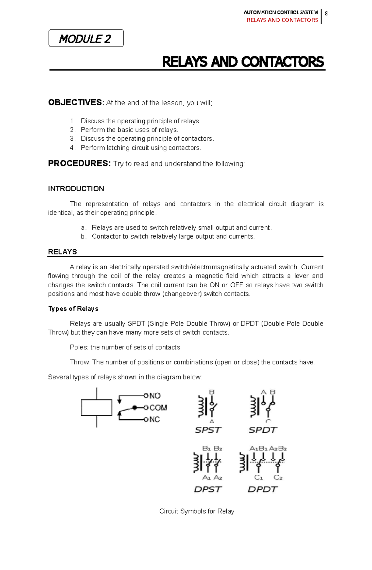Module 2 - Relays and Contactors - RELAYS AND CONTACTORS 8 MODULE 2 ...