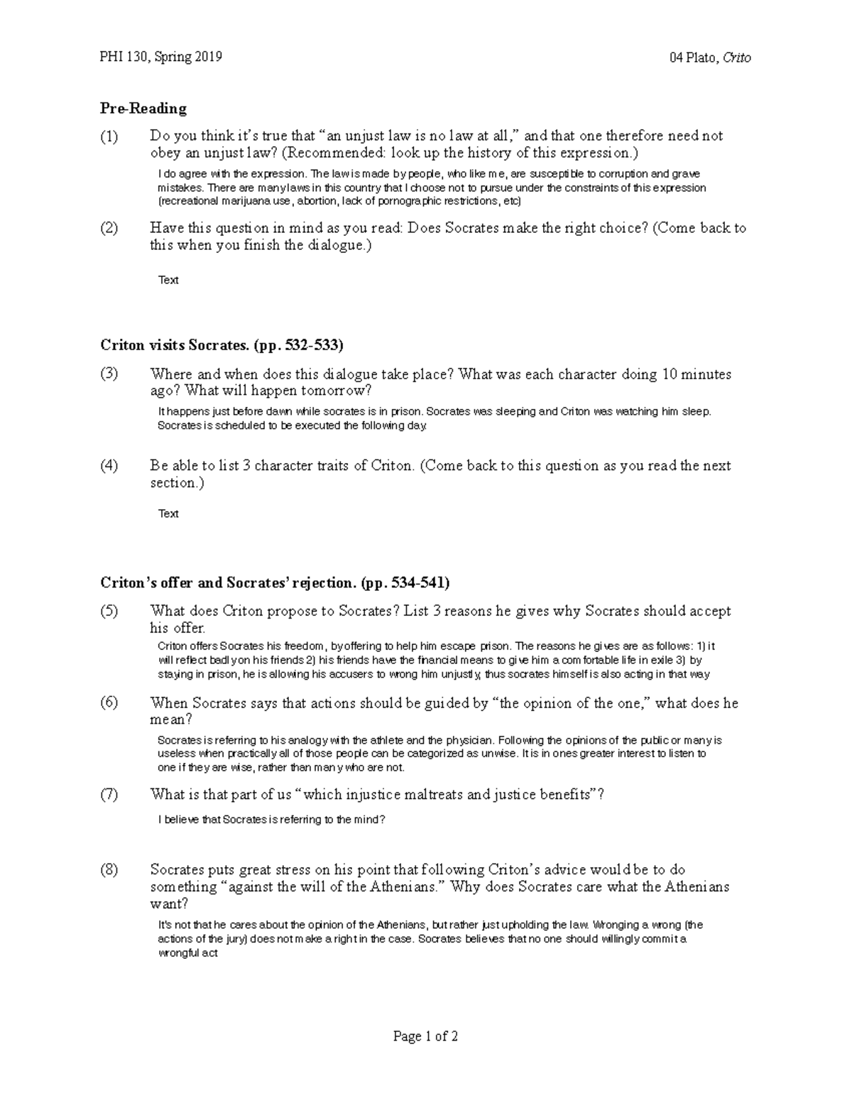 130e 02 Plato Crito - some sample coursework from the fall semester of ...