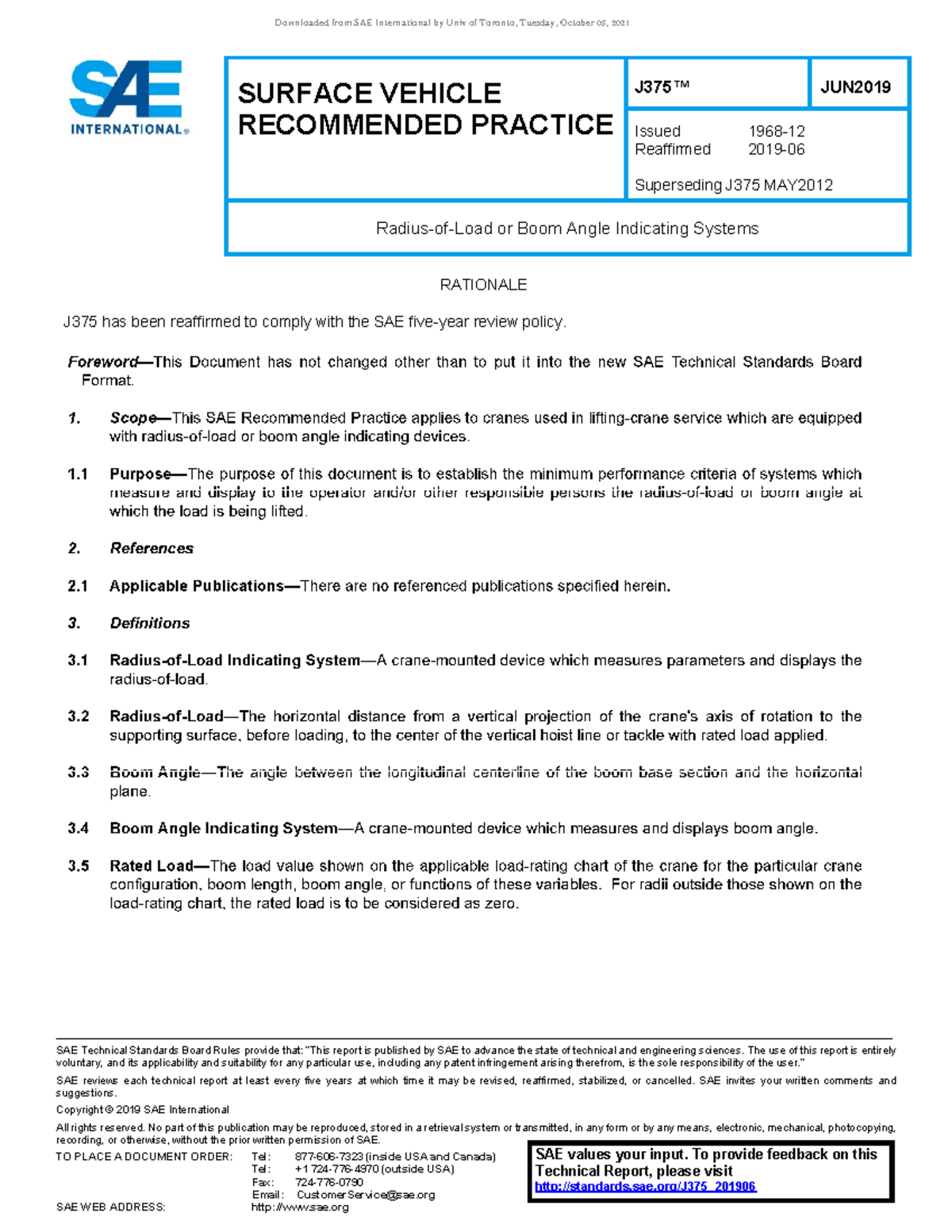 SAE J375 2019 Radius OF LOAD OR BOOM Angle Indicating Systems - - Studocu