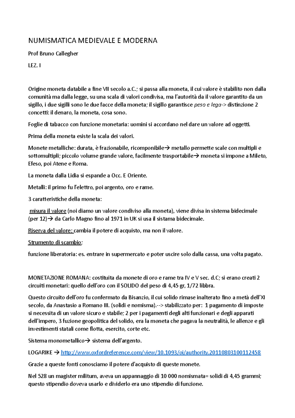 Appunti - NUMISMATICA MEDIEVALE E MODERNA Prof Bruno Callegher LEZ. I ...