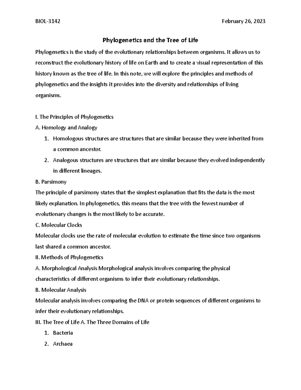 Phylogenetics and the Tree of Life - BIOL-3142 February 26, 2023 Phylogenetics and the Tree of ...