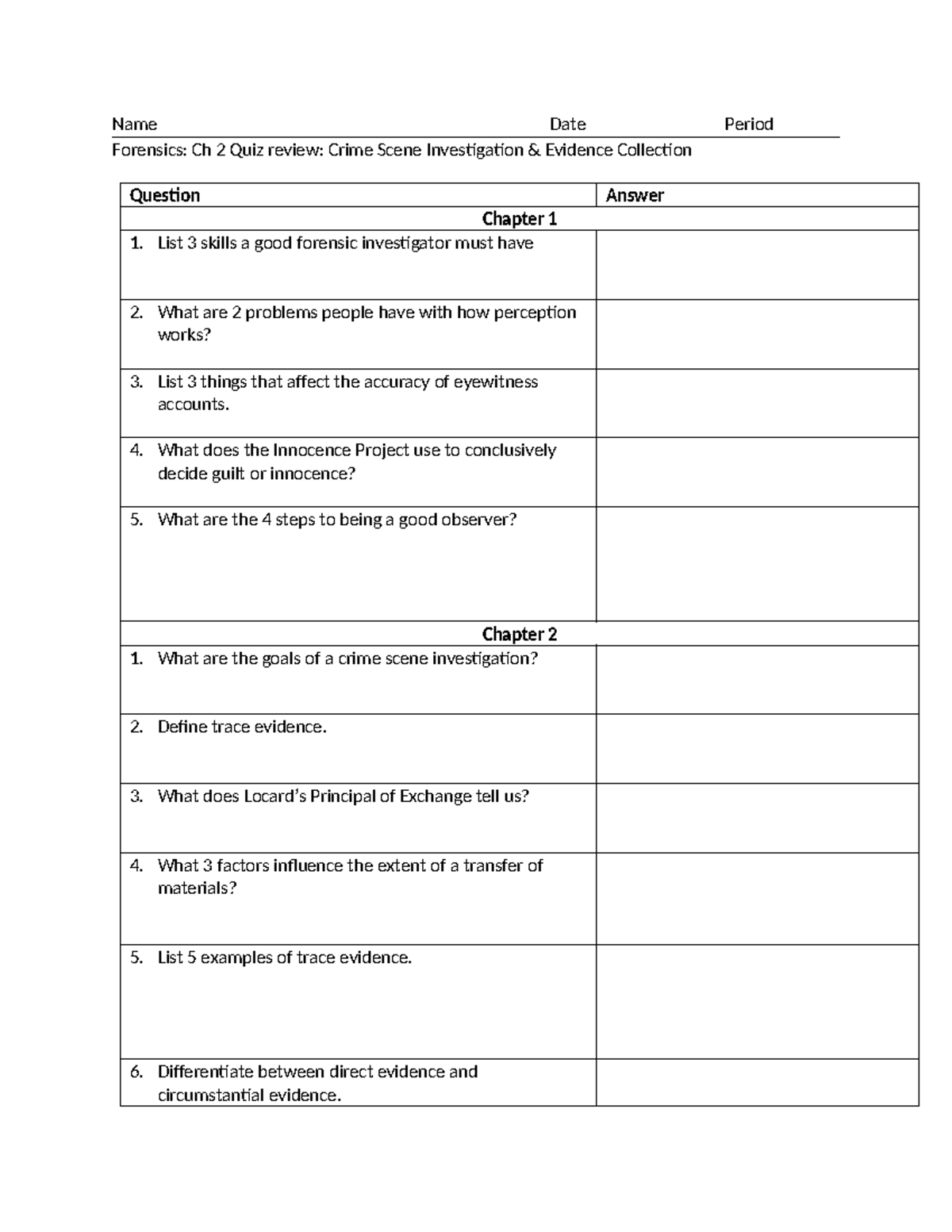Chapter 1 and 2 Review - notes - Name Date Period Forensics: Ch 2 Quiz ...