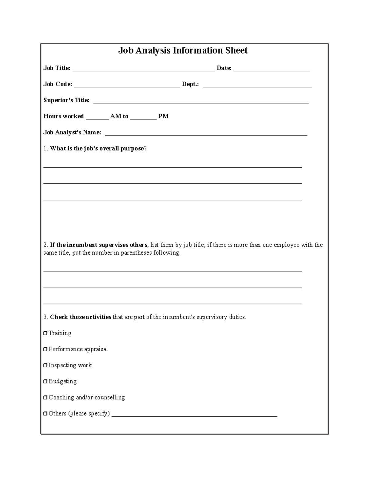 Job Analysis Information Sheet ...